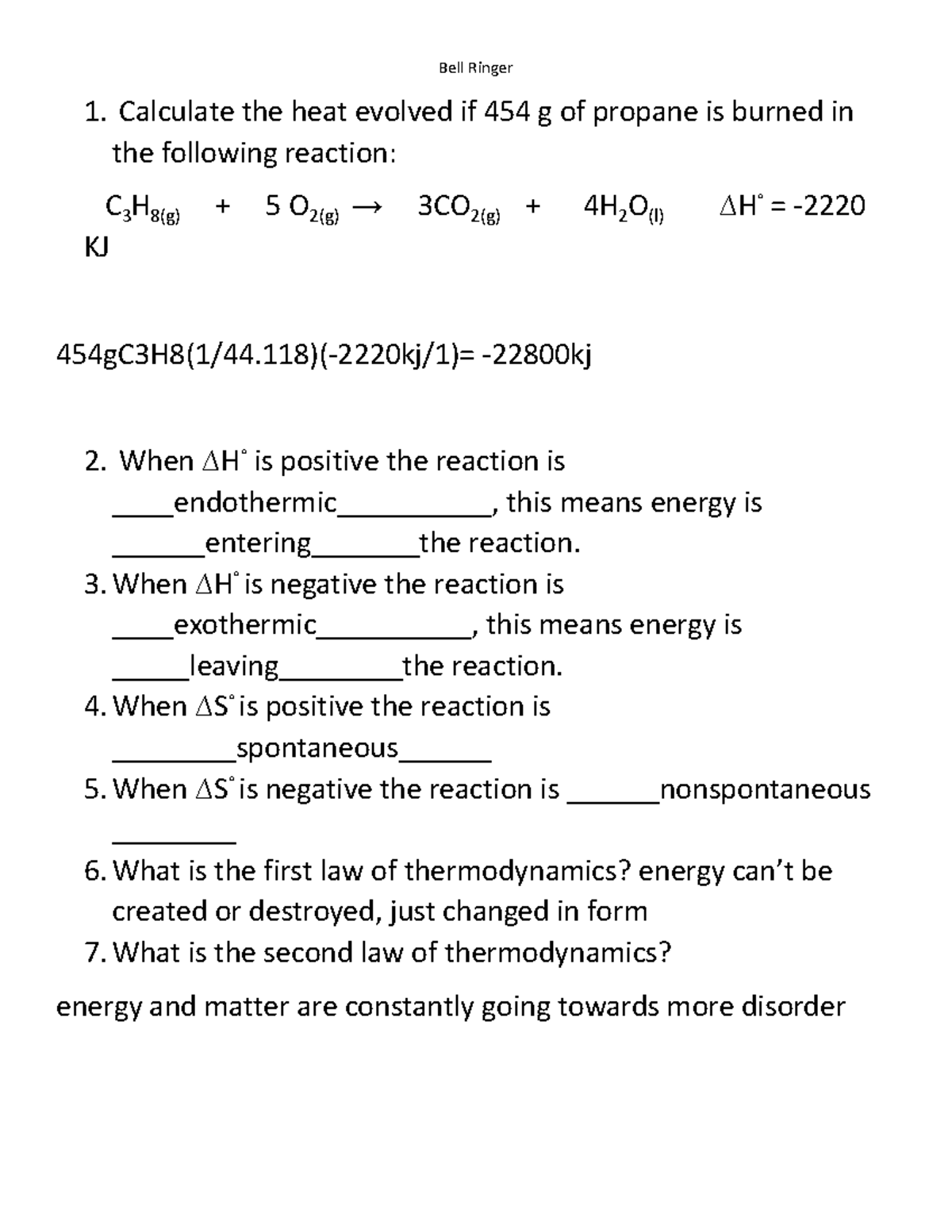 Copy of Enthalpy, entropy, first and second law of thermo - Bell Ringer ...
