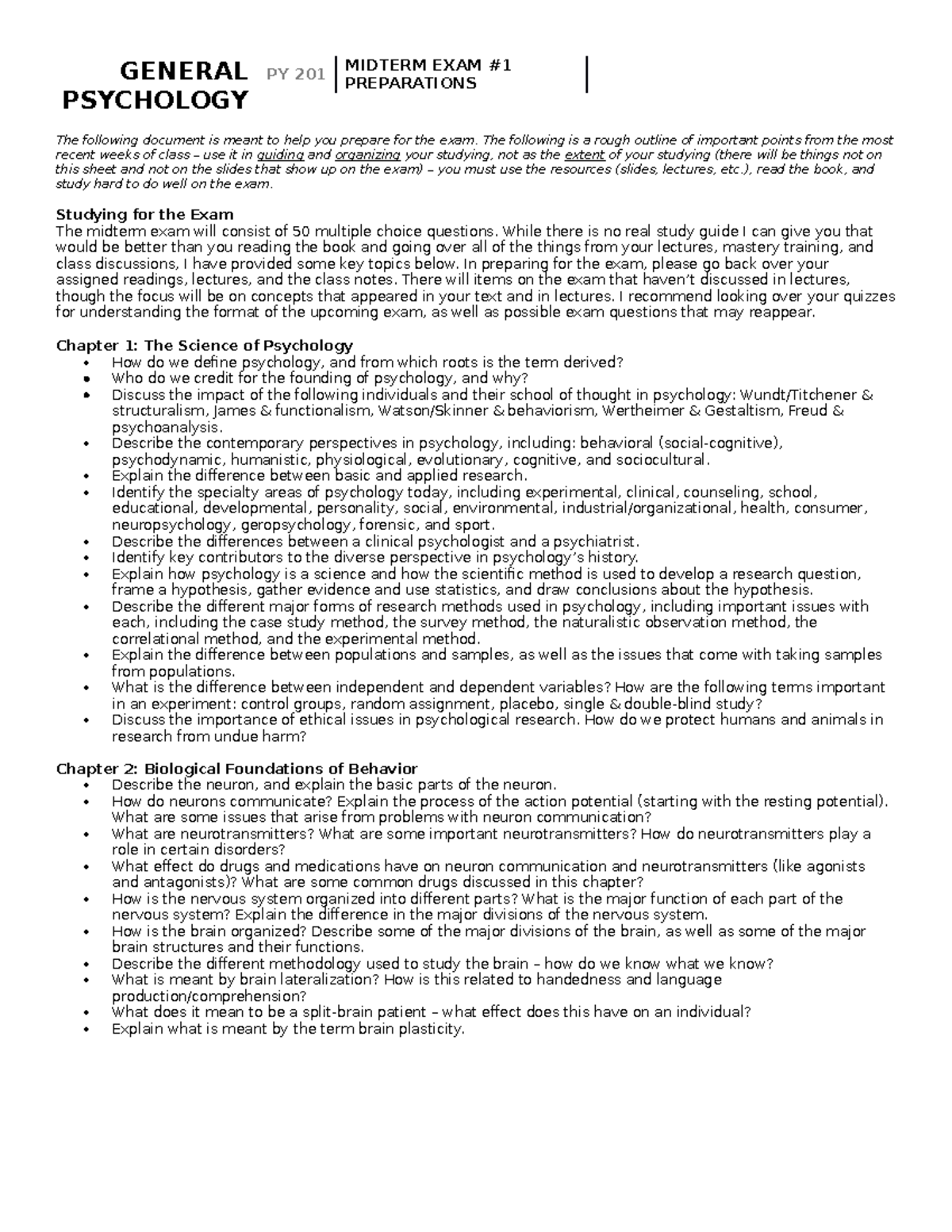 PY 201 Midterm Exam #1 Preparations SU20 - GENERAL PSYCHOLOGY PY 201 MIDTERM EXAM PREPARATIONS ...