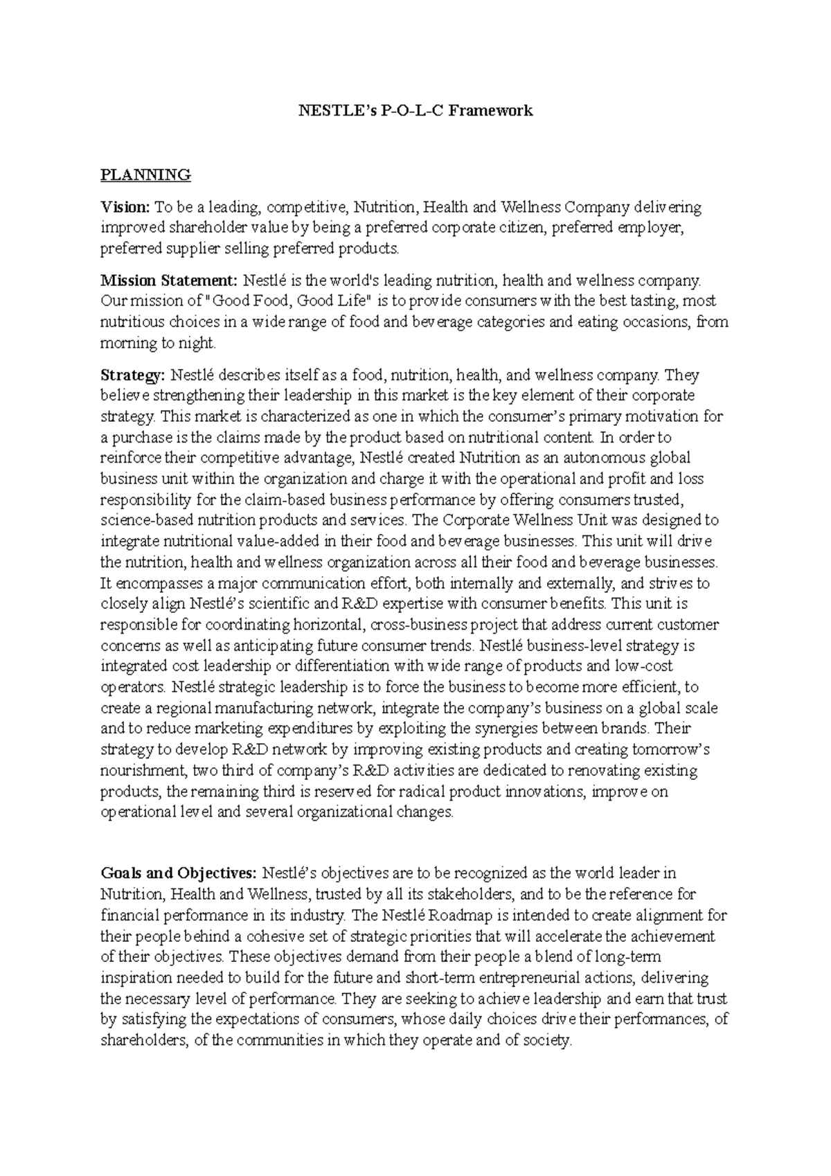 Nestle-POLC-docx - Nestle POLC - NESTLE’s P-O-L-C Framework PLANNING ...