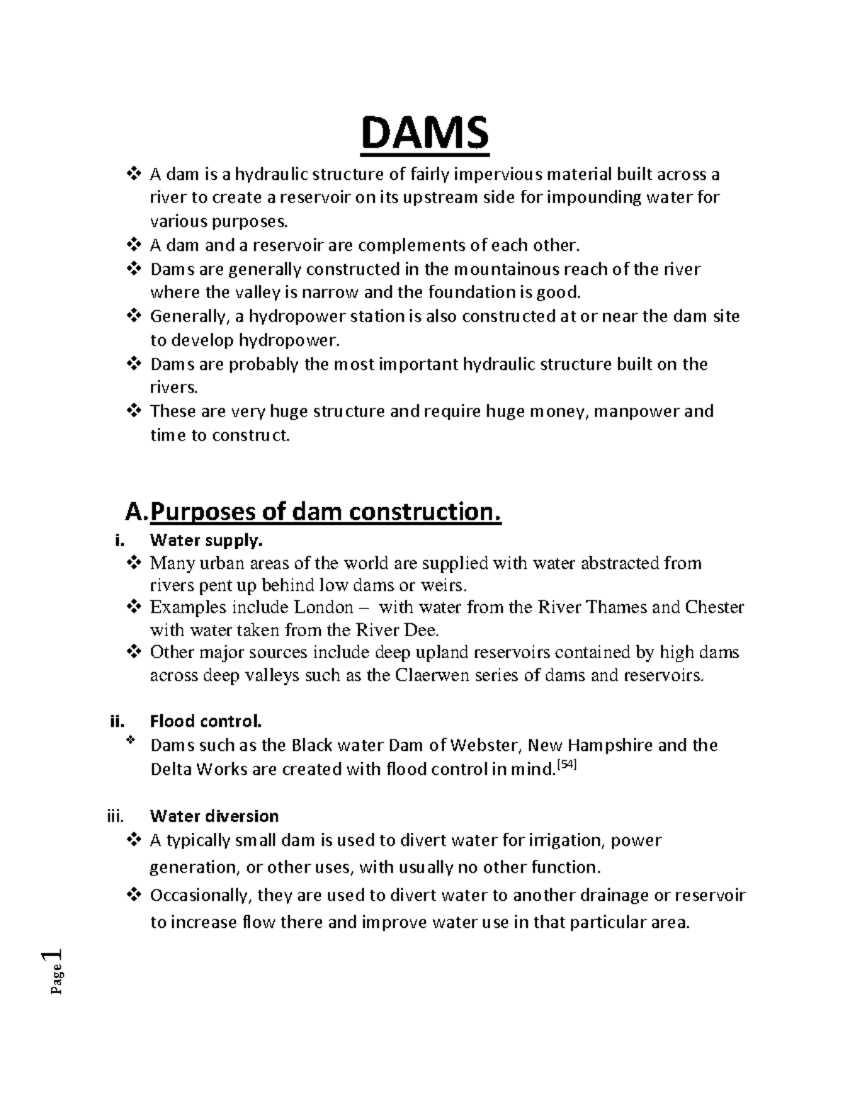 DAMS Moderated Final Notes - 1 DAMS A dam is a hydraulic structure of ...