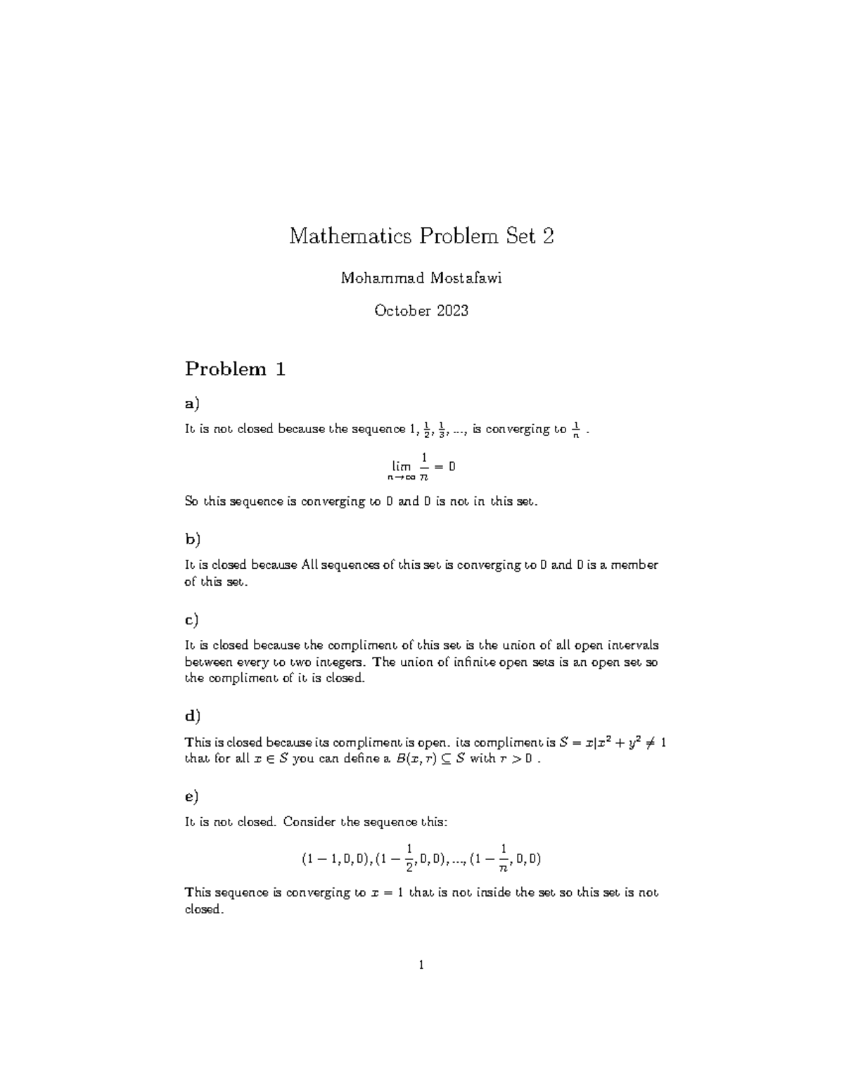 [Mostafawi]-HW2 - fdsa - Mathematics Problem Set 2 Mohammad Mostafawi October 2023 Problem 1 a ...