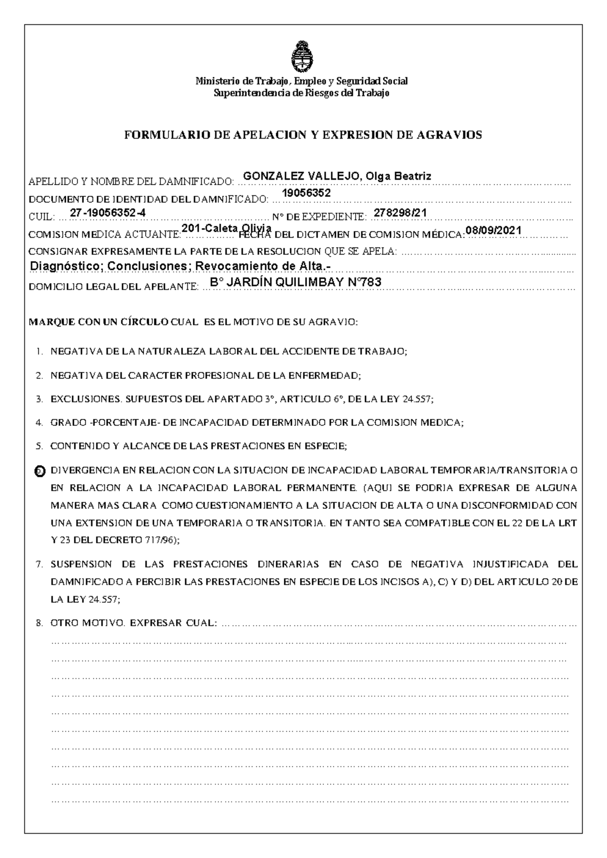 Formulario Apelacion Gonzalez Vallejo OLGA Beatriz - FORMULARIO DE ...