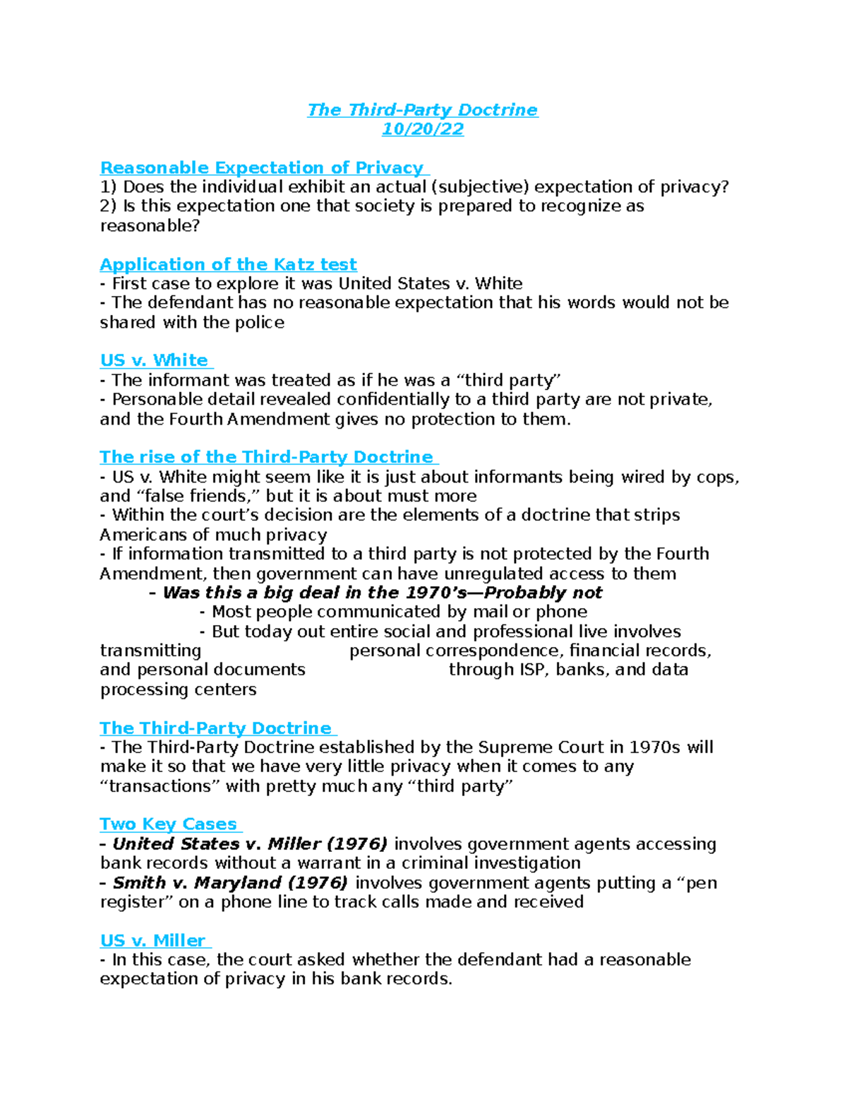 The Third Doctrine - The Third-Party Doctrine 10/20/ Reasonable ...