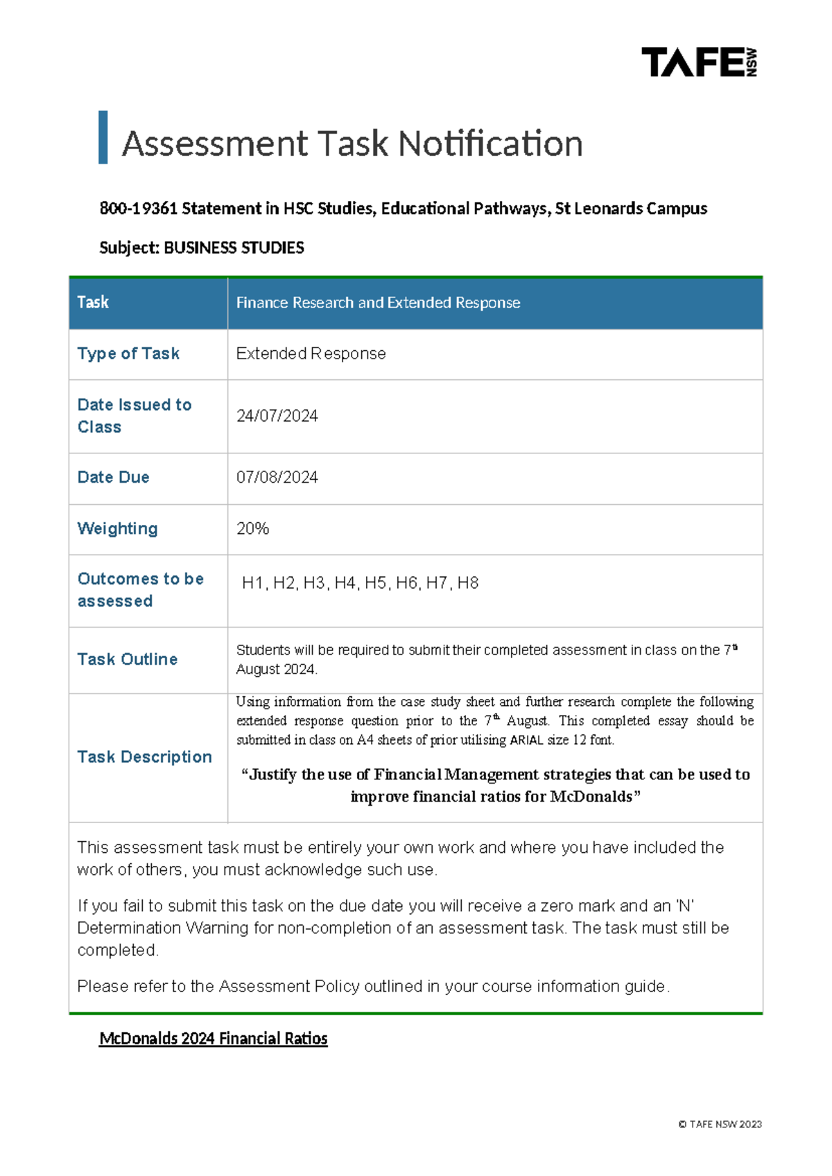Finance Assessment Notification - 800-19361 Statement in HSC Studies ...