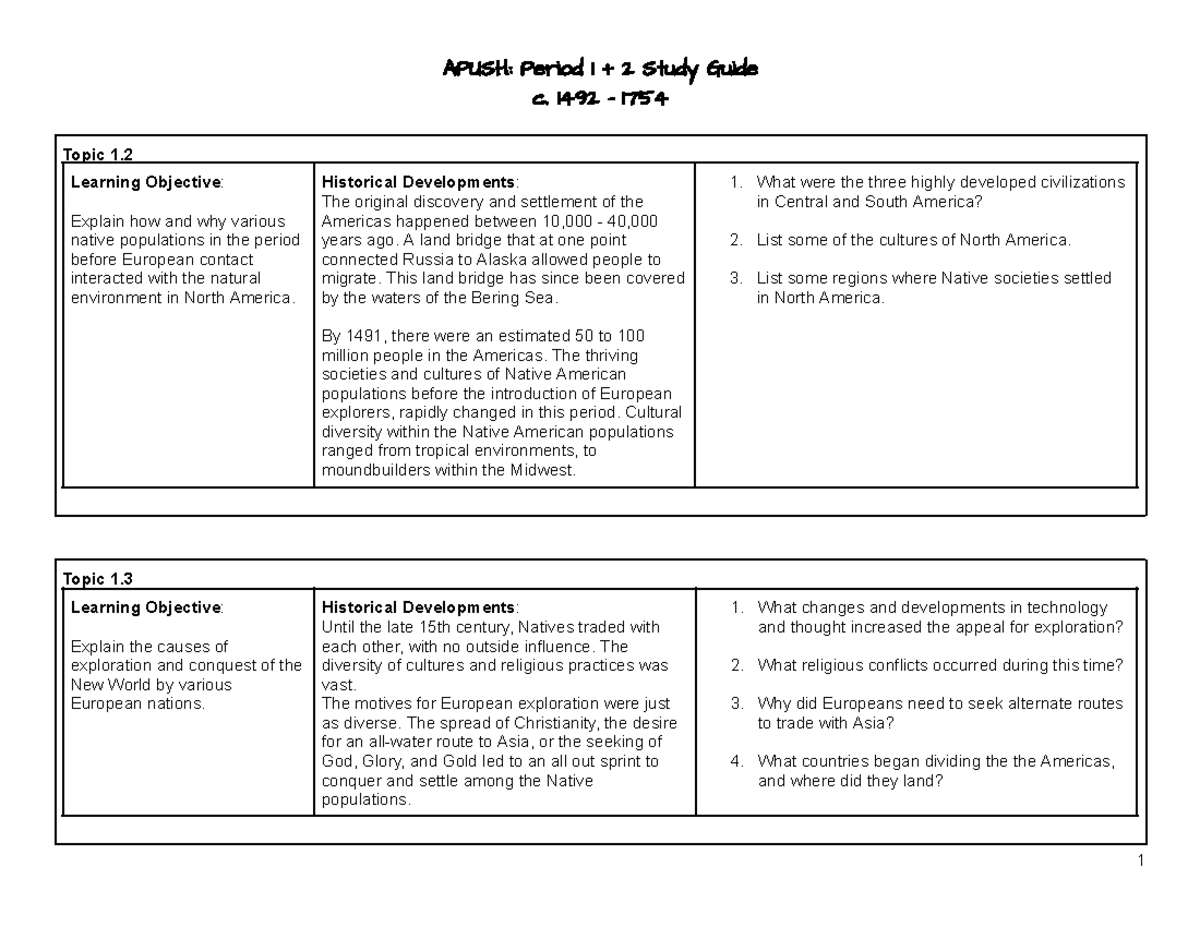 APUSH Period 1 and 2 - c. 1492 - 1754 Topic 1. Learning Objective ...