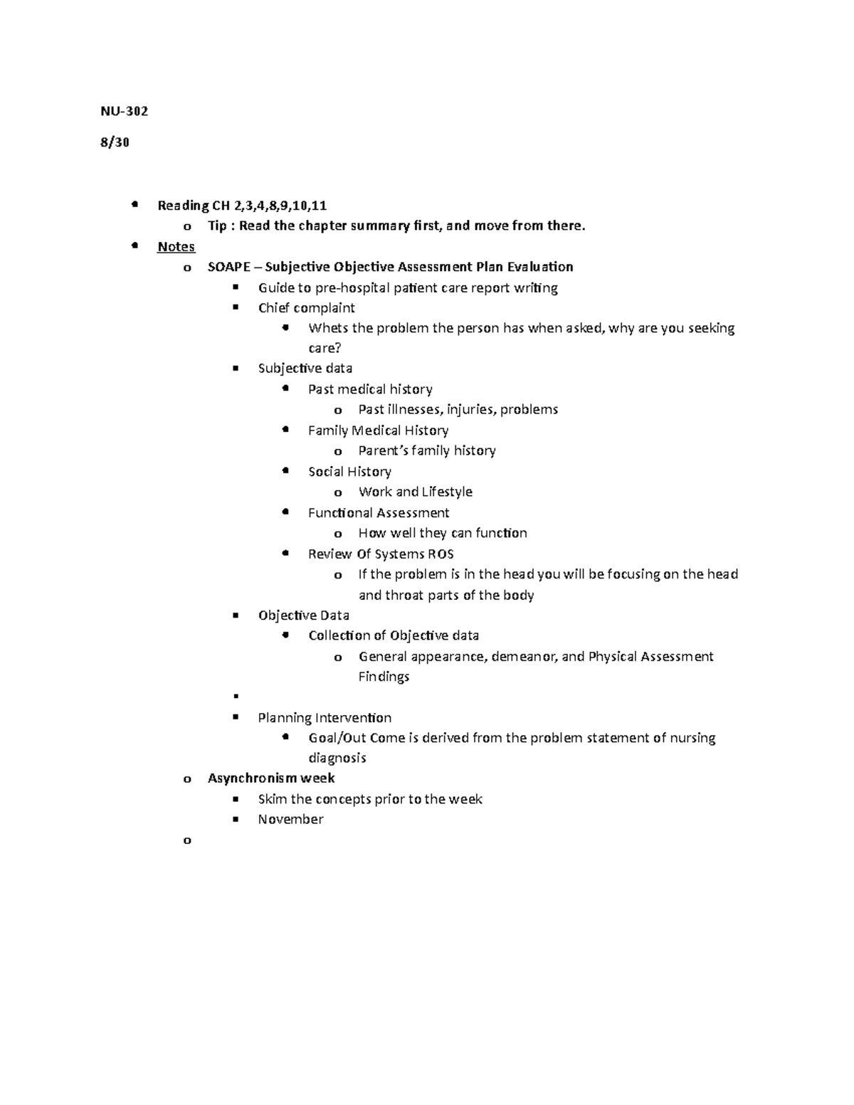 NU 302 Notes - NU- 8/ Reading CH 2,3,4,8,9,10, o Tip : Read the chapter ...