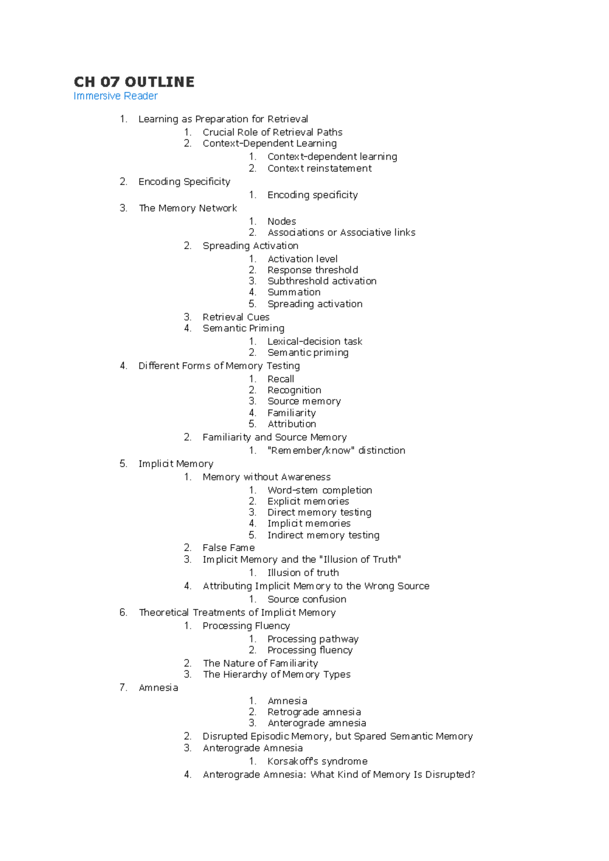 CH 07 Outline - Cognitive Psychology - CH 07 OUTLINE Immersive Reader 1 ...