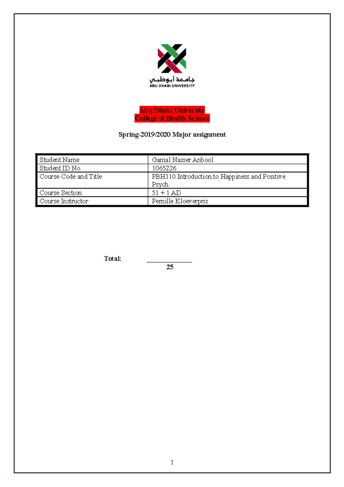 Major Assignment - Abu Dhabi University College of Health Science ...