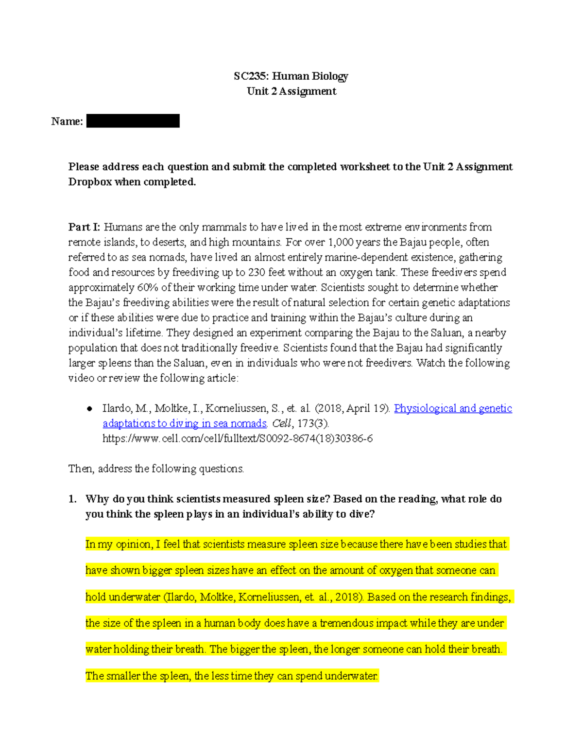 Unit 2 Assignment - SC235: Human Biology Unit 2 Assignment Name ...