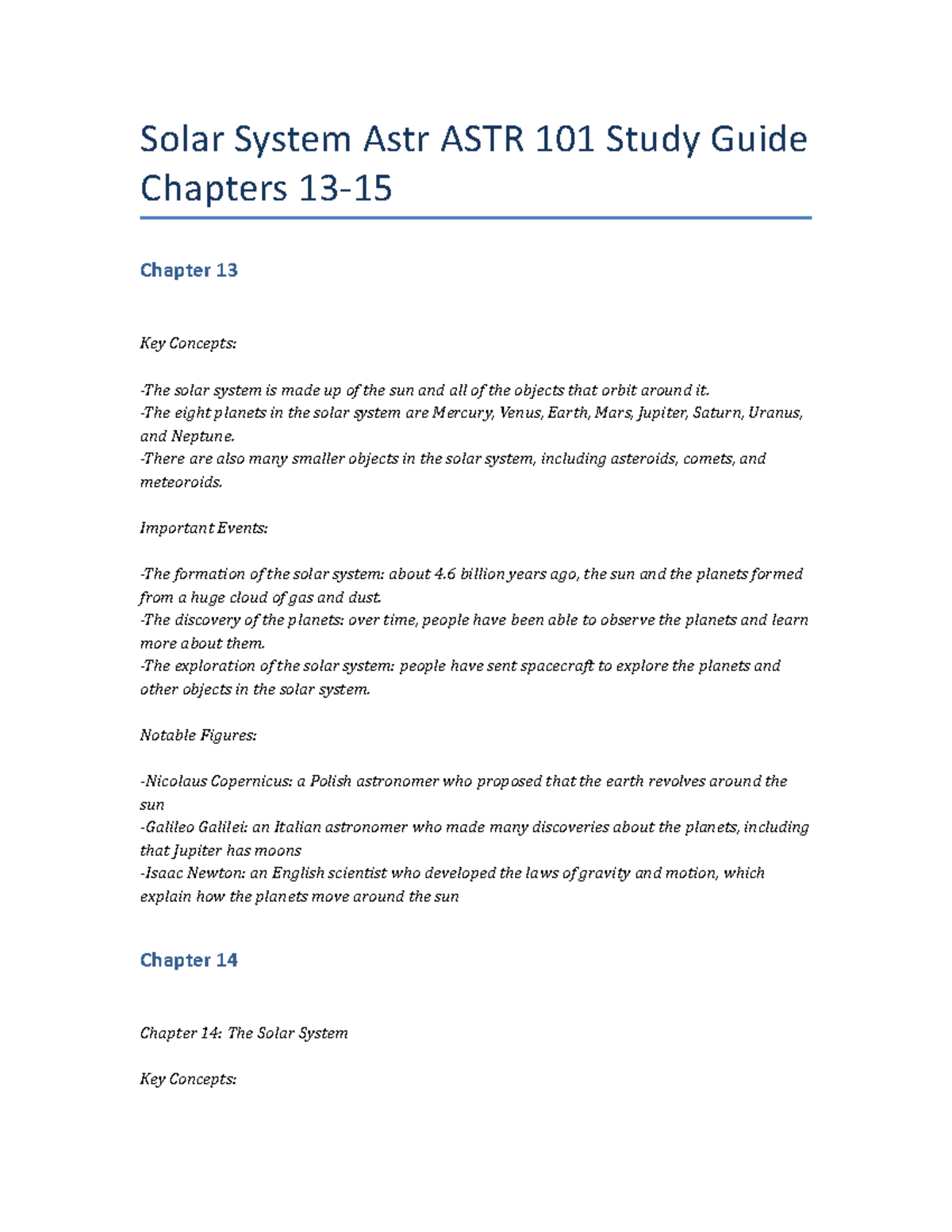 Solar System Astr ASTR 101 Study Guide Chapters 13-15 - Solar System Astr ASTR 101 Study Guide ...