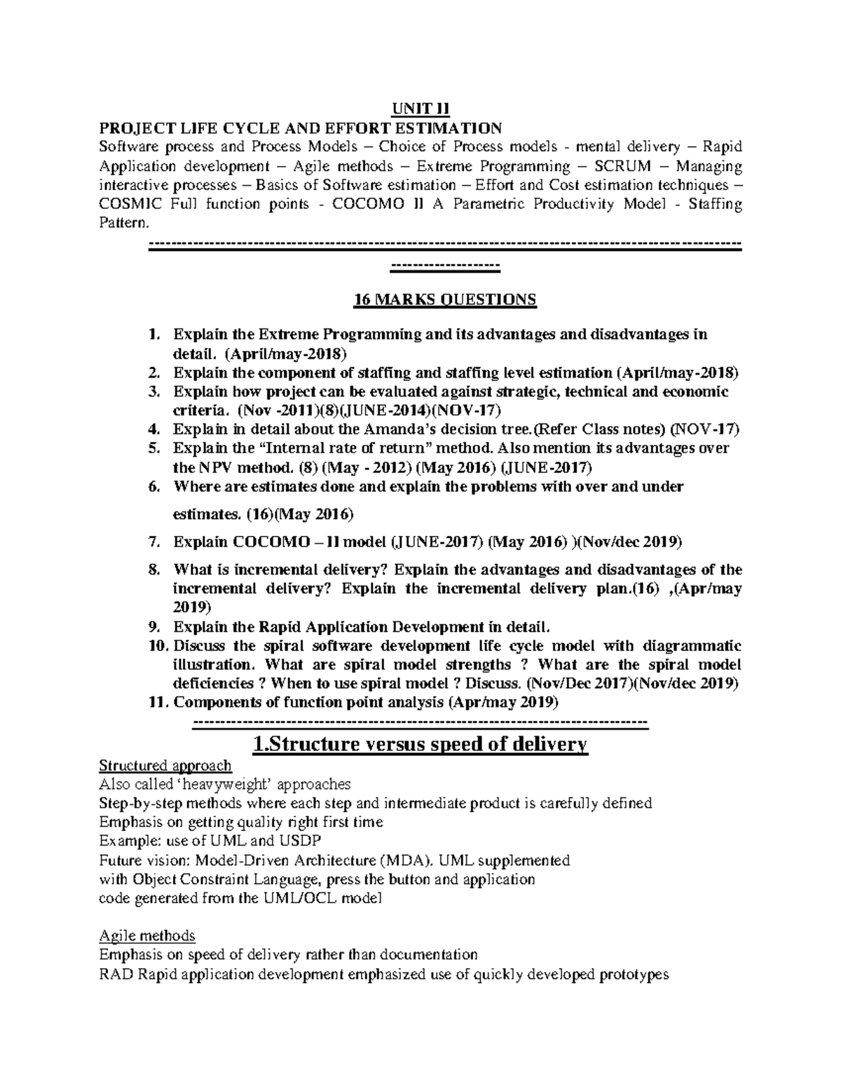 Spm Unit 2 2019 Pdf Lecture Notes 1 Unit Ii Project Life Cycle And Effort Estimation