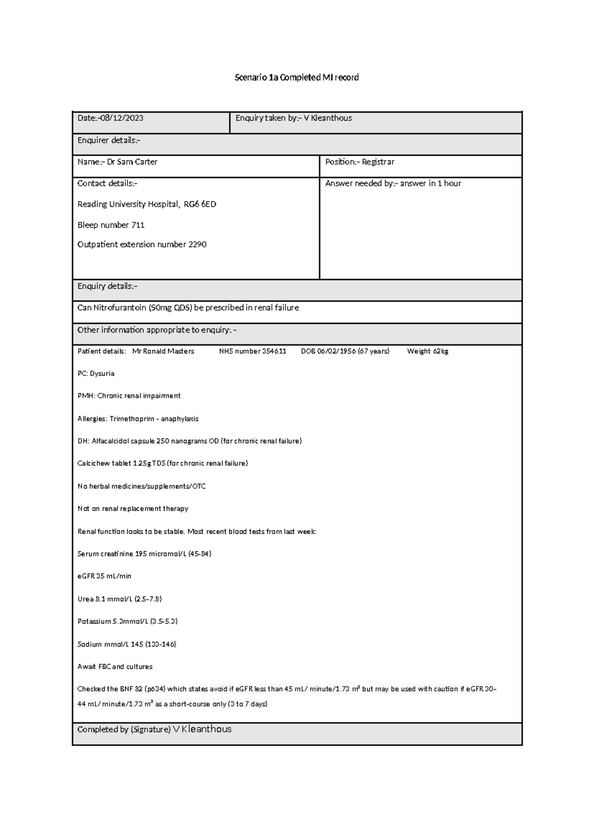 Scenario 1a completed MI record(2) - Scenario 1a Completed MI record ...