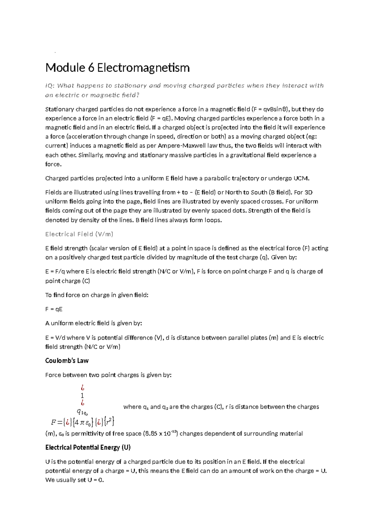 Physics notes-1 - Physics Year 12 Notes Module 6 Electromagnetism IQ ...