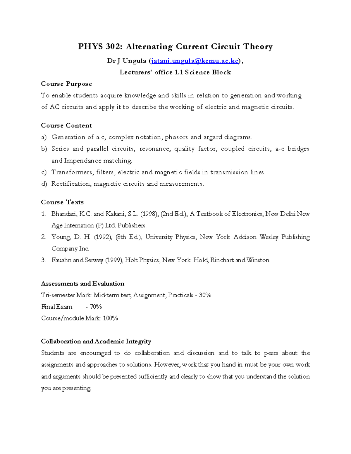 PHYS 302 Course info Alternating Current Circuit Theory - PHYS 302 ...