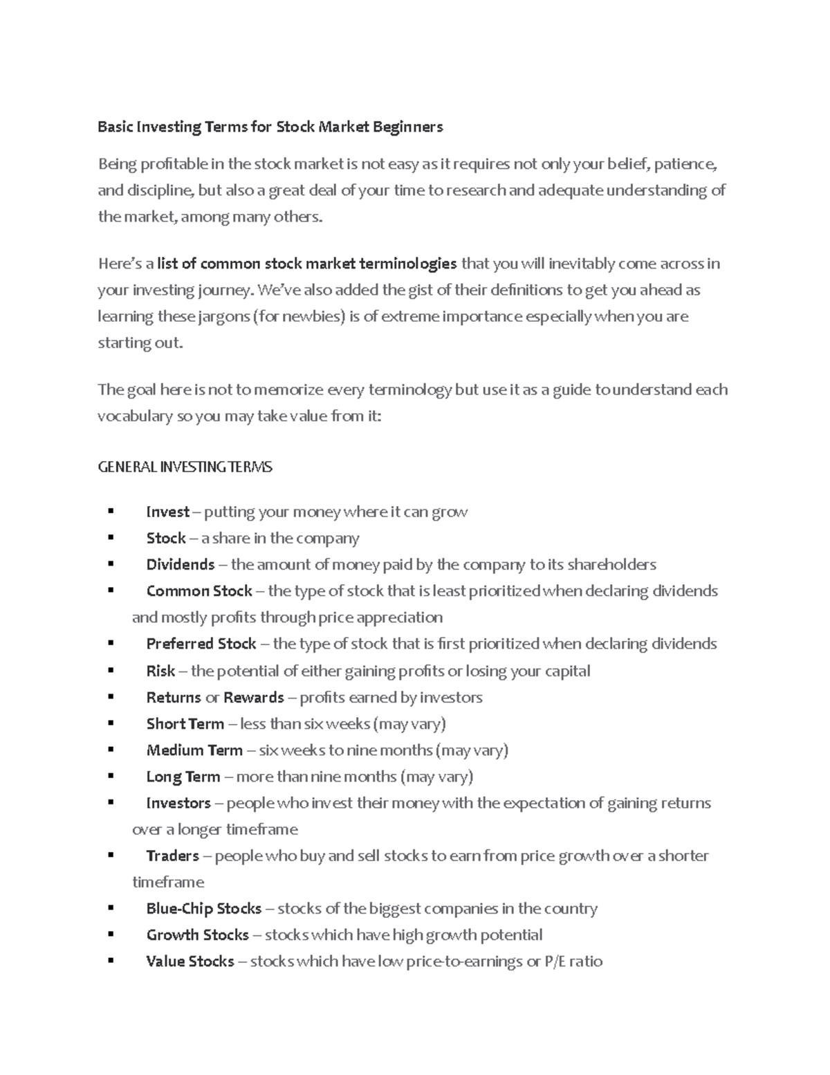 Basic Investing Terms for Stock Market Beginners - Here’s a list of ...