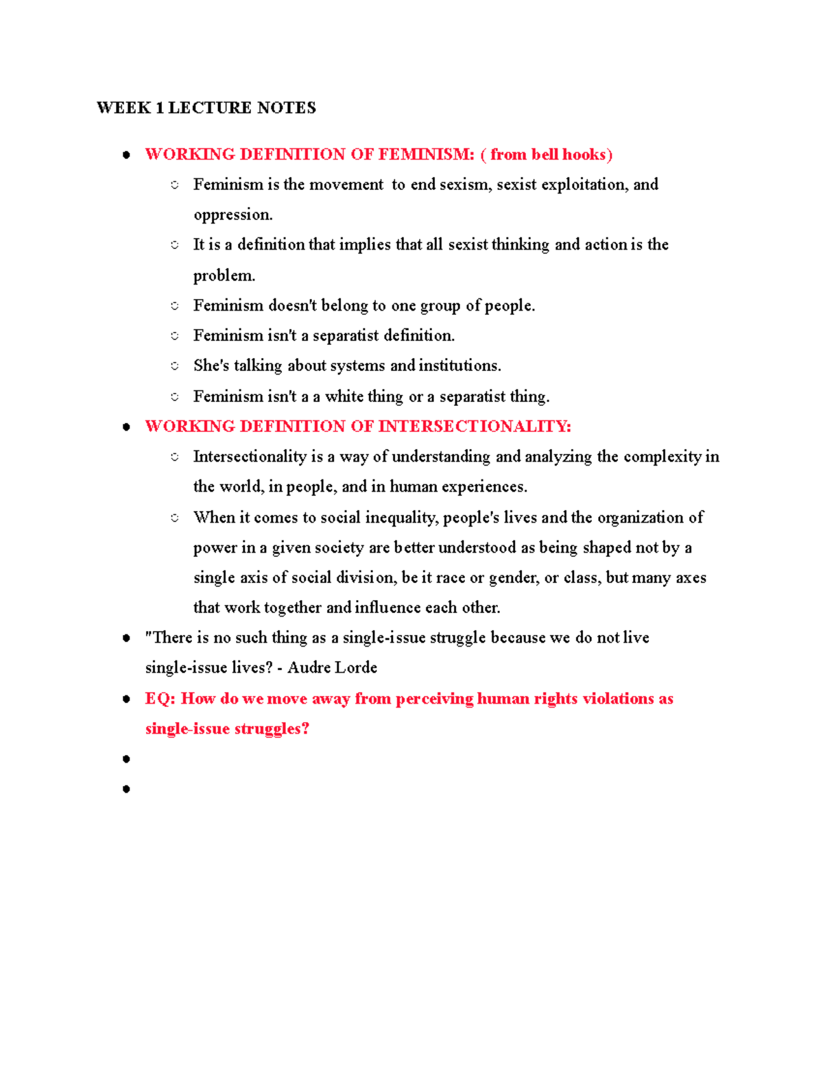 Women's Studies Lecture Notes - WEEK 1 LECTURE NOTES WORKING DEFINITION ...