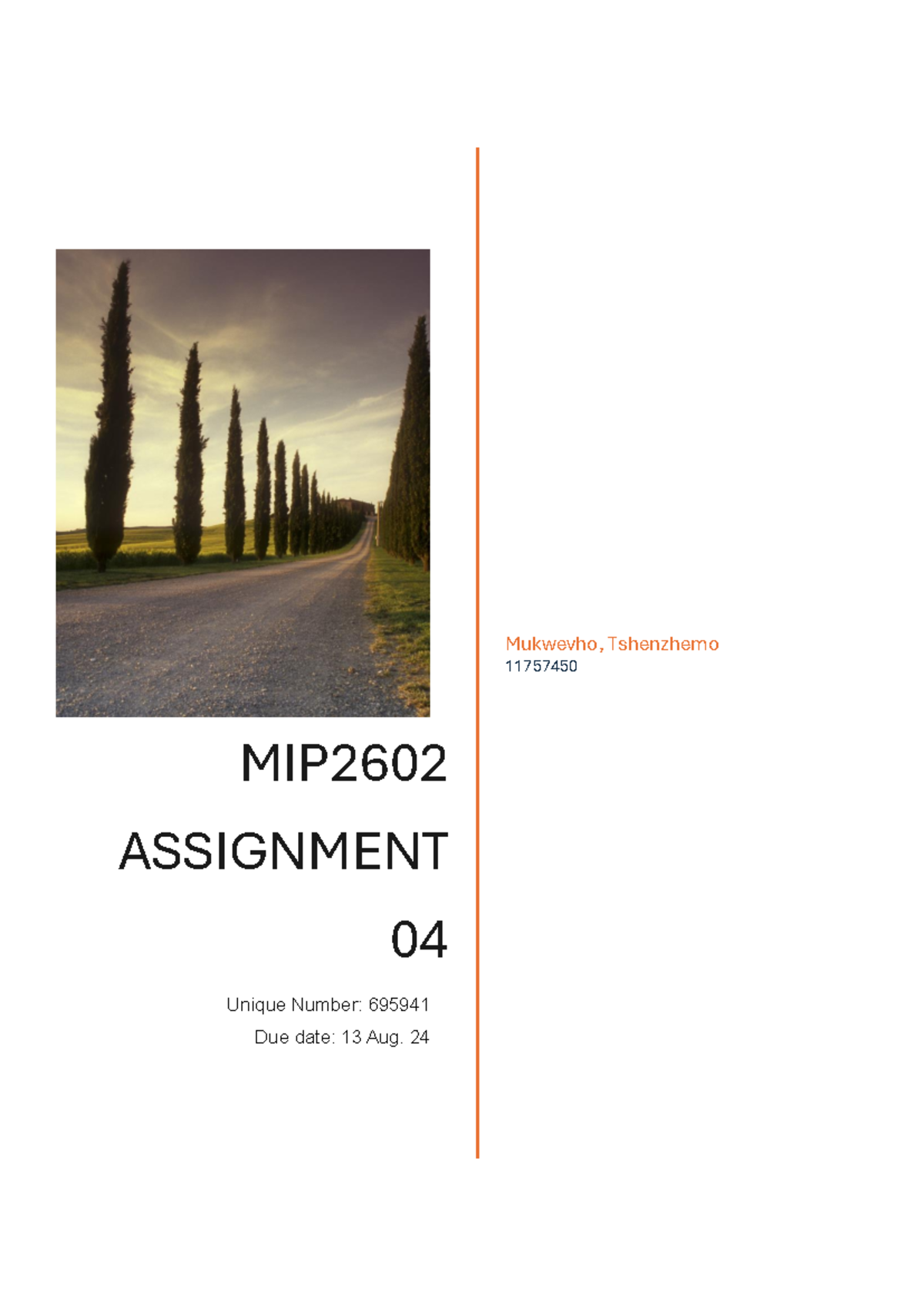 Mip2602 Assessment 4 - MIP ASSIGNMENT 04 Unique Number: 695941 Due date ...