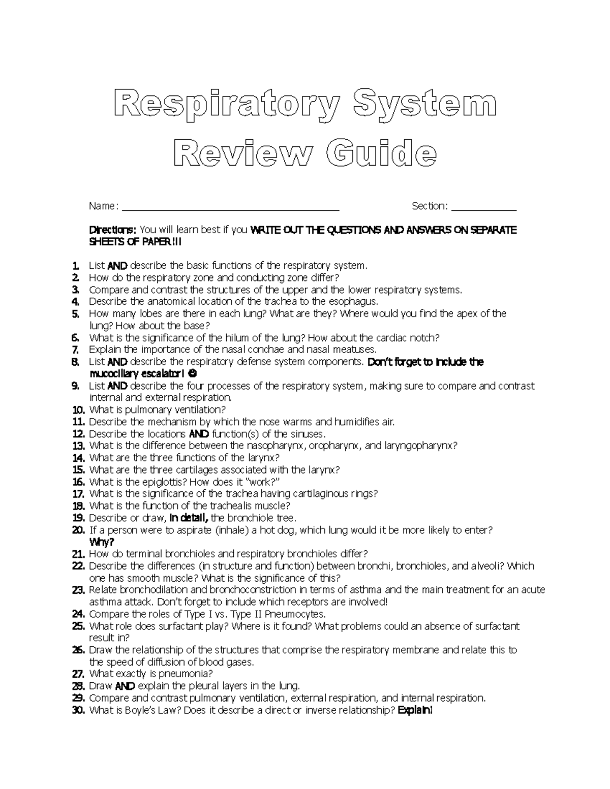 Respiratory RG - Dr. Wireman - Respiratory System Review Guide Name ...