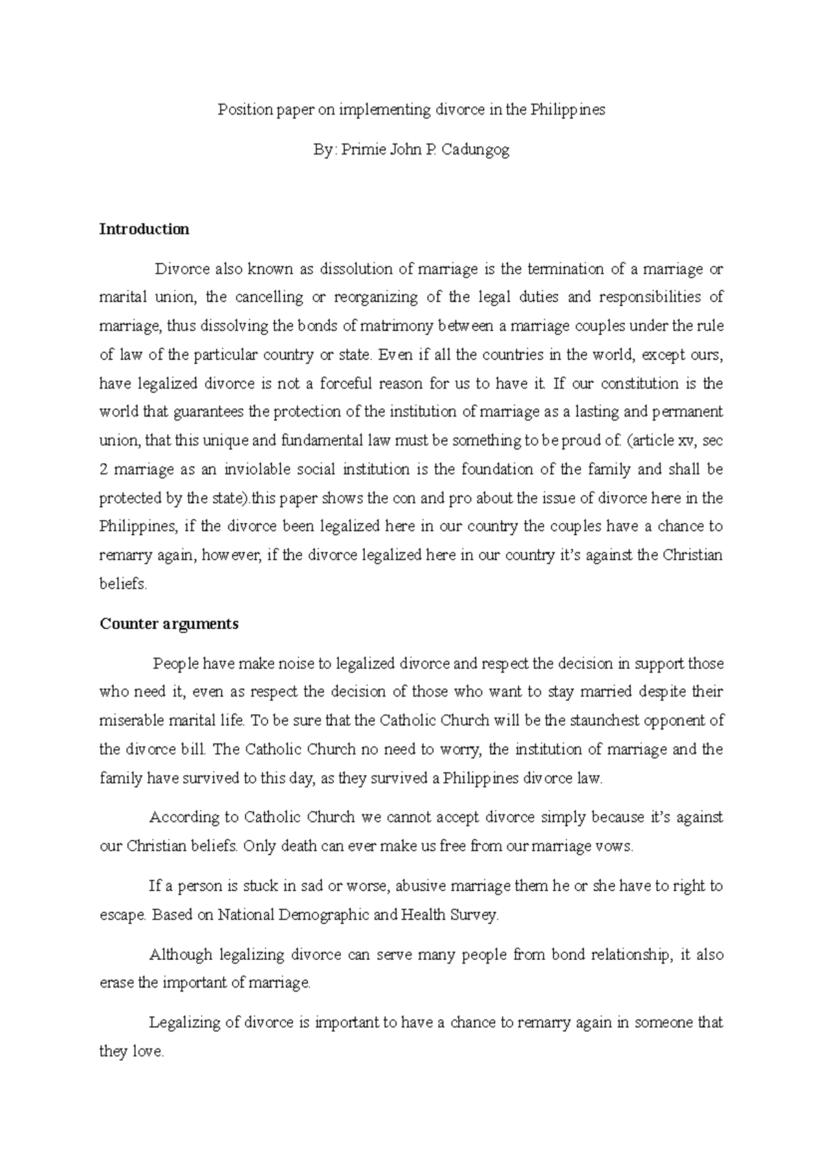 373381928 Position Paper on Implementing Divorce in the Philippines ...