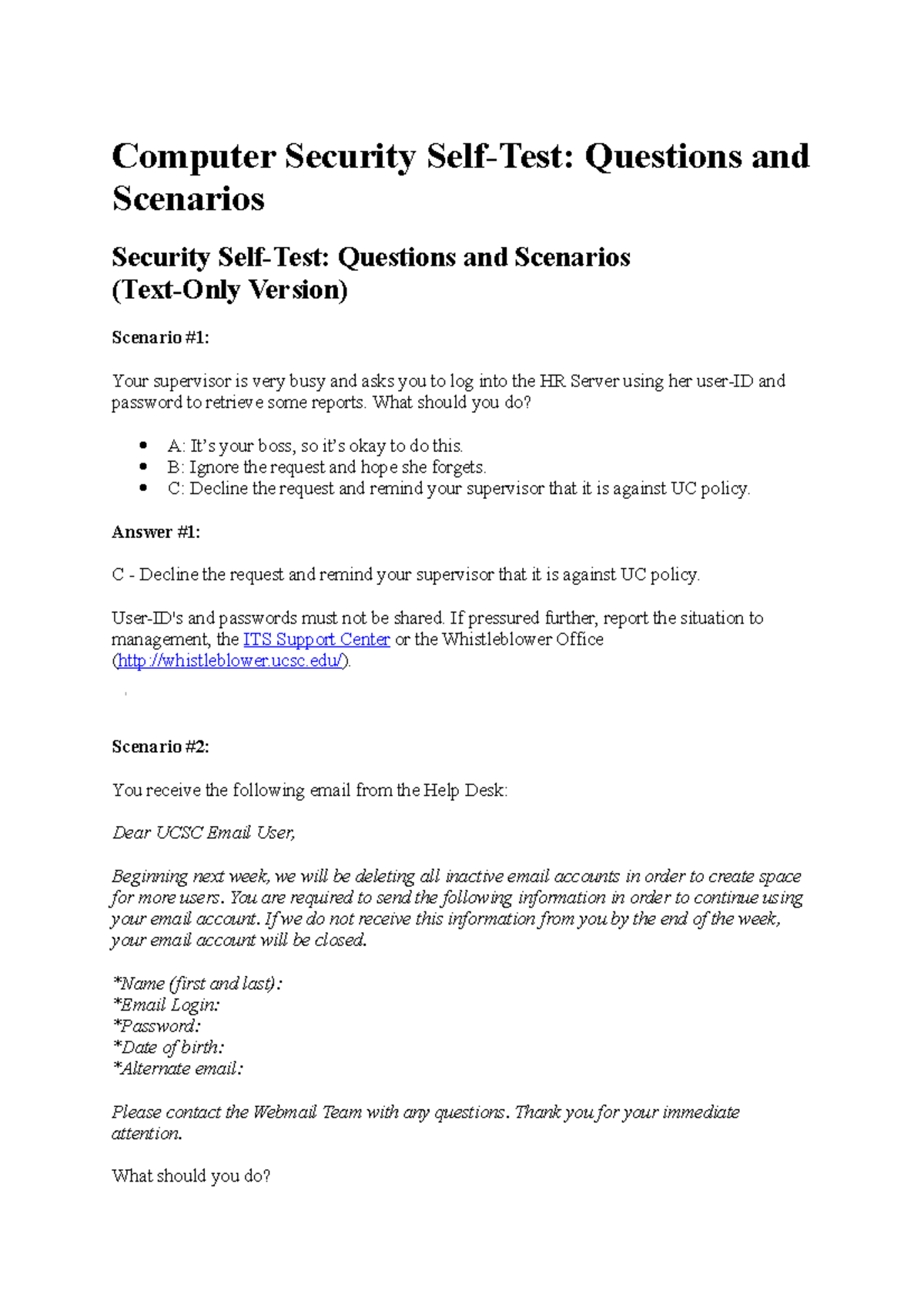Computer Security scenario - Computer Security Self-Test: Questions and ...