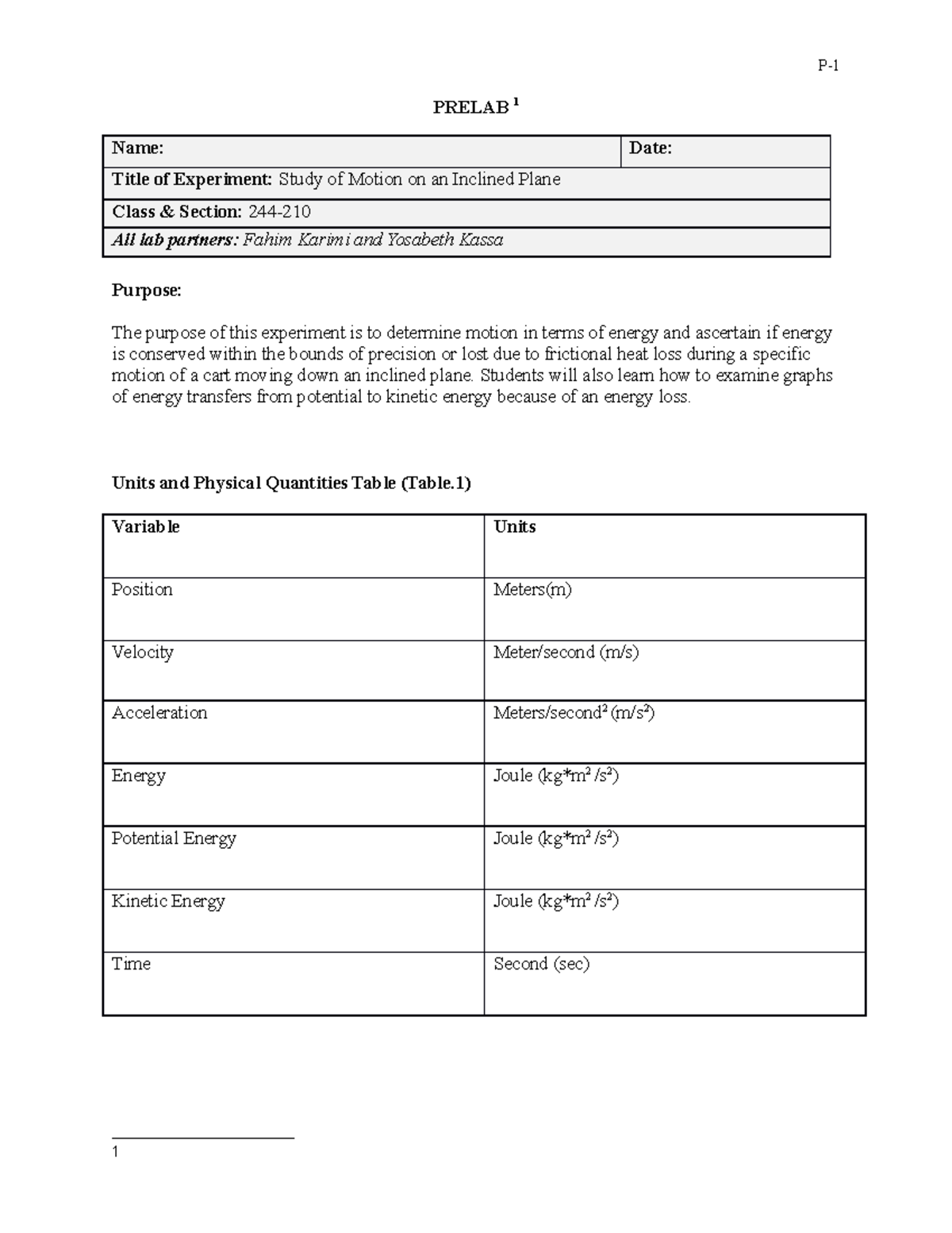 Energy conservation Prelab - P- PRELAB 1 Name: Date: Title of ...