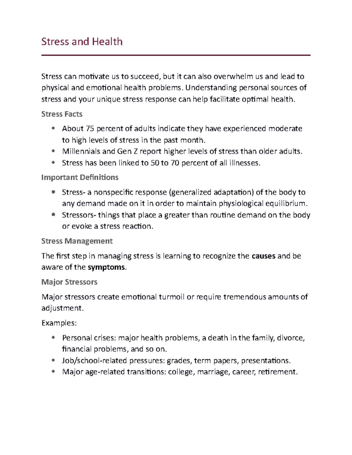 Stress and Health concept 16 notes - Stress and Health Stress can ...