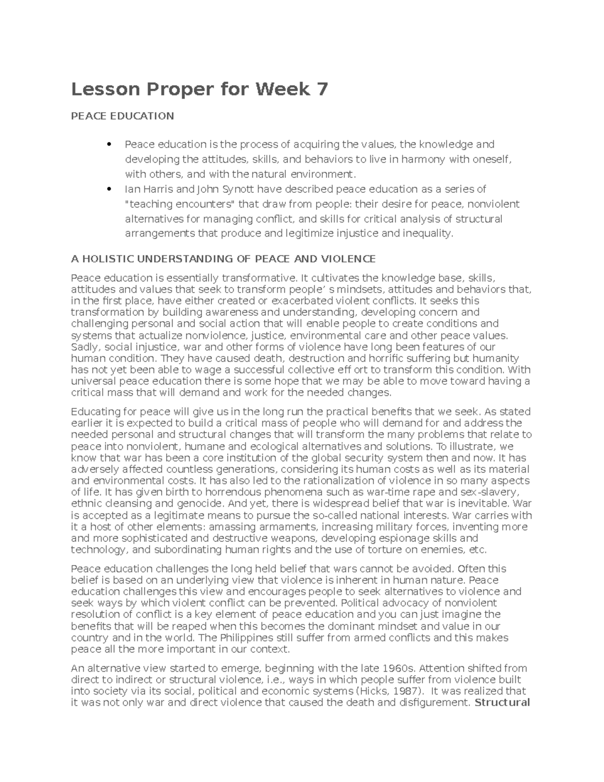 G.S.P - Lesson Proper for Week 7 - Lesson Proper for Week 7 PEACE ...