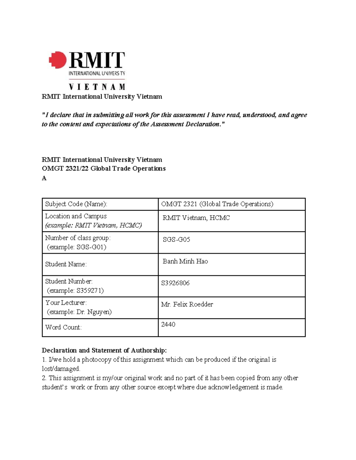 Global Trade Asm3 - RMIT International University Vietnam "I declare ...