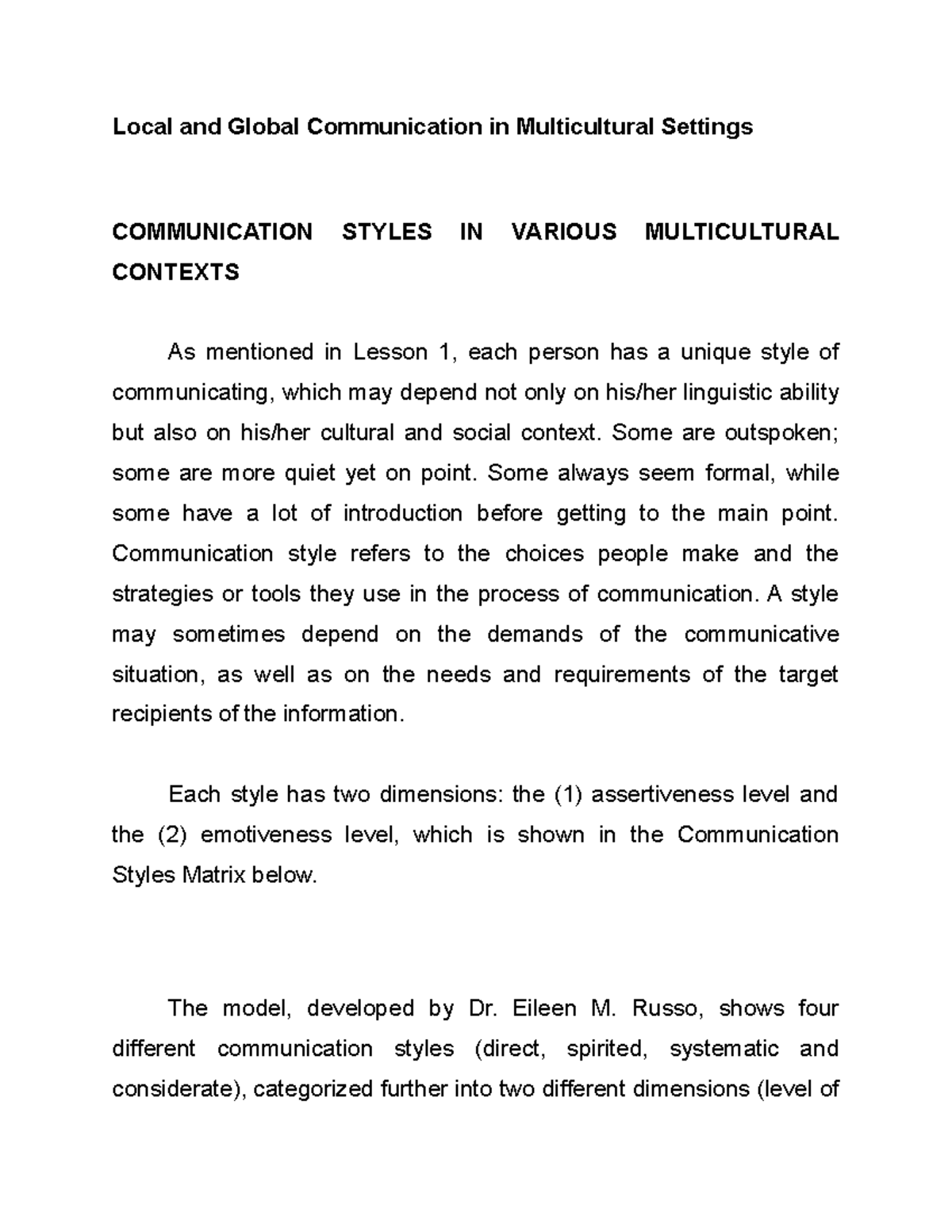 Local and Global Communication in Multicultural Settingsss - Local and ...