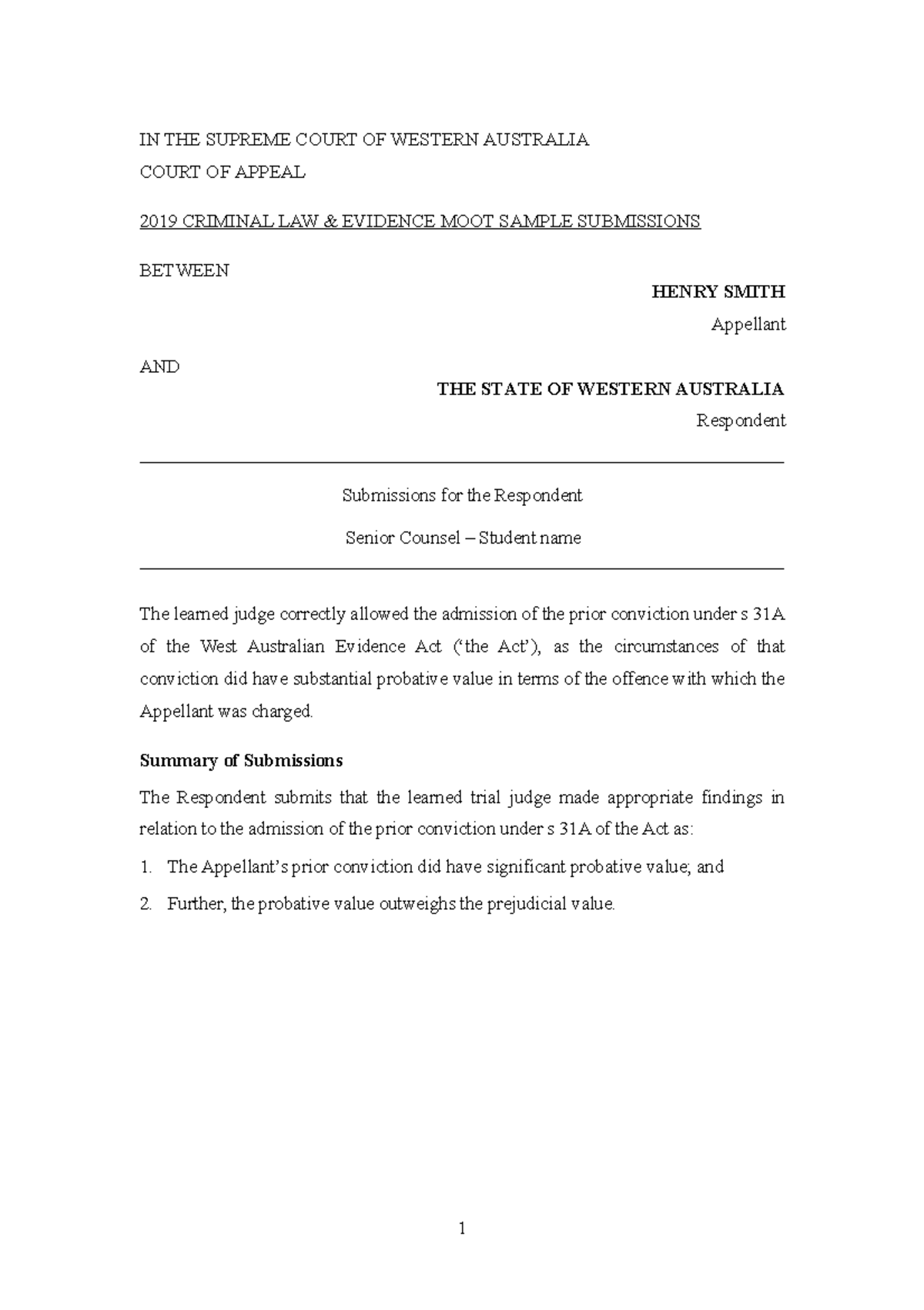Sample submissions (Moot) - IN THE SUPREME COURT OF WESTERN AUSTRALIA ...