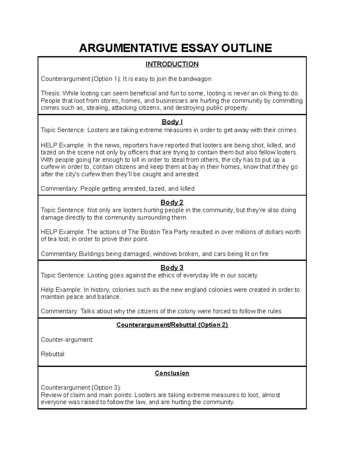 Argumentative Essay Outline - ARGUMENTATIVE ESSAY OUTLINE INTRODUCTION ...