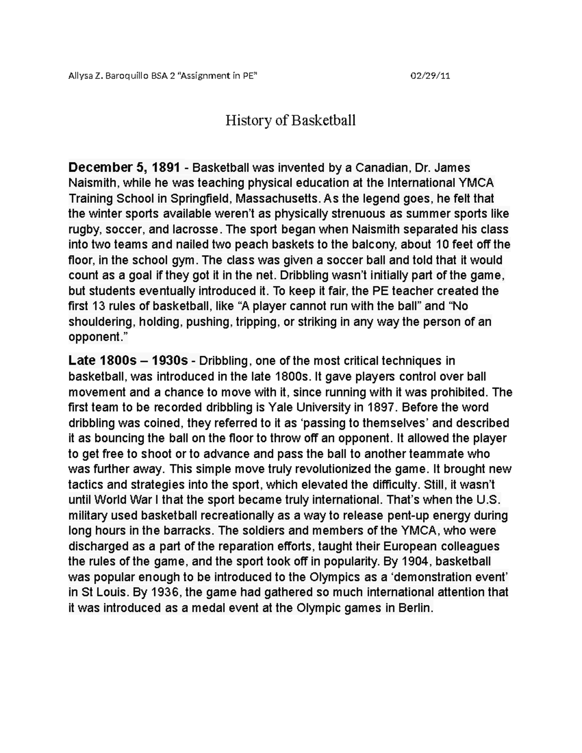 History of Basketball (PE) - Allysa Z. Baroquillo BSA 2 “Assignment in ...