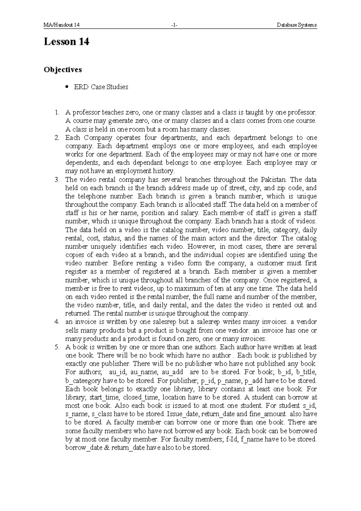 ERD case Study Handout 14 - MA/Handout 14 - 1 - Database Systems Lesson ...