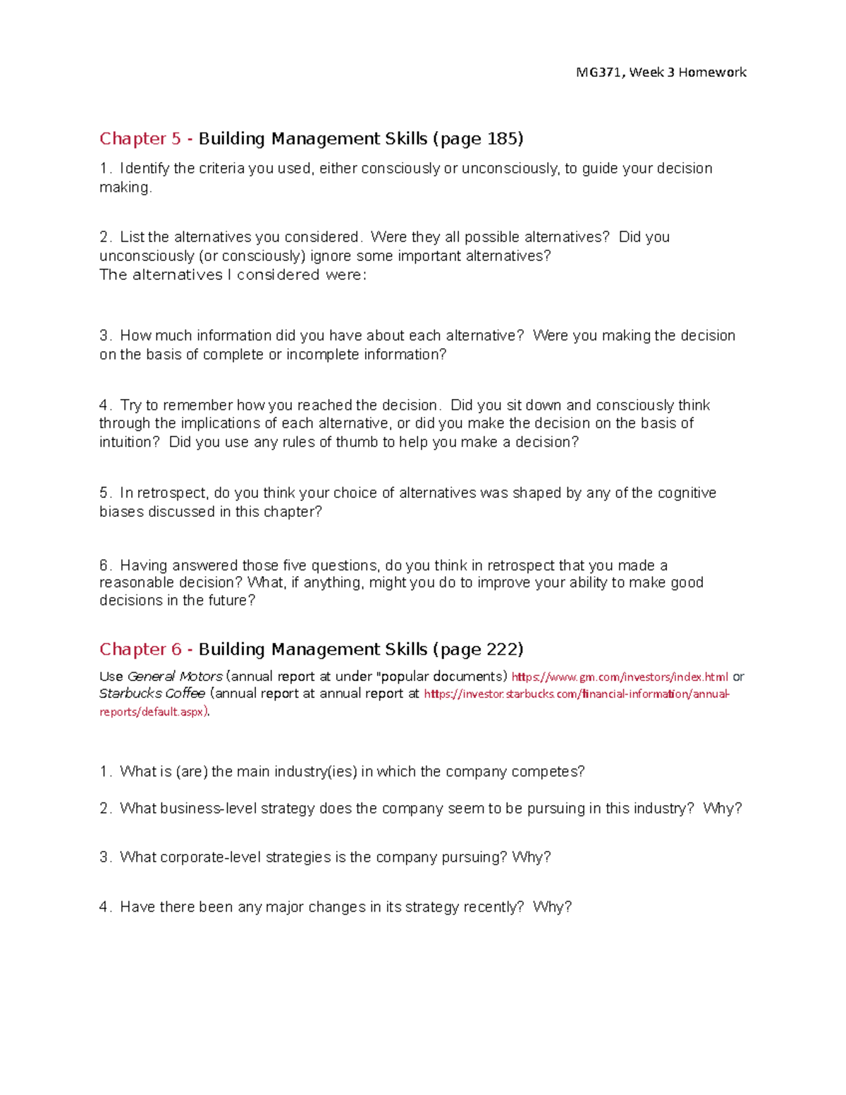 Homework Questions Week 3 Ch5&6 - MG371, Week 3 Homework Chapter 5 ...
