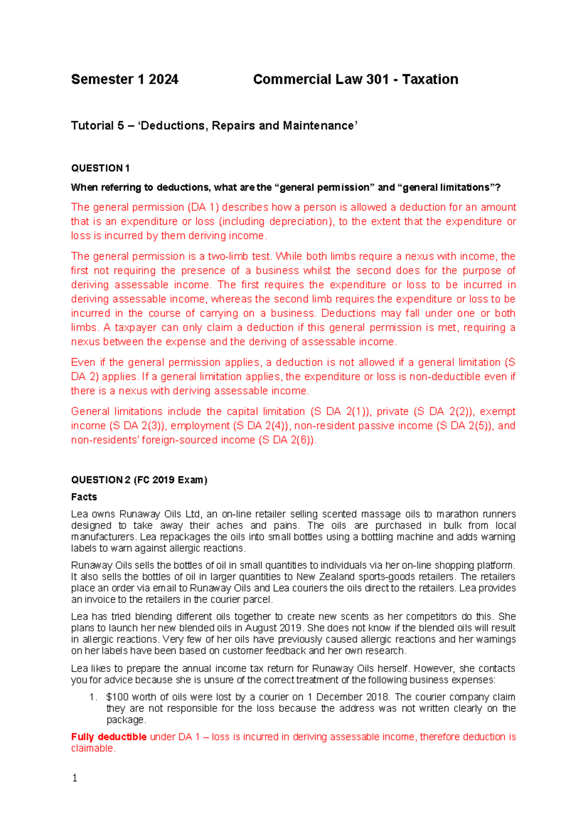 Comlaw 301 Tutorial 5 - Deductions - Student Worksheet - Semester 1 ...