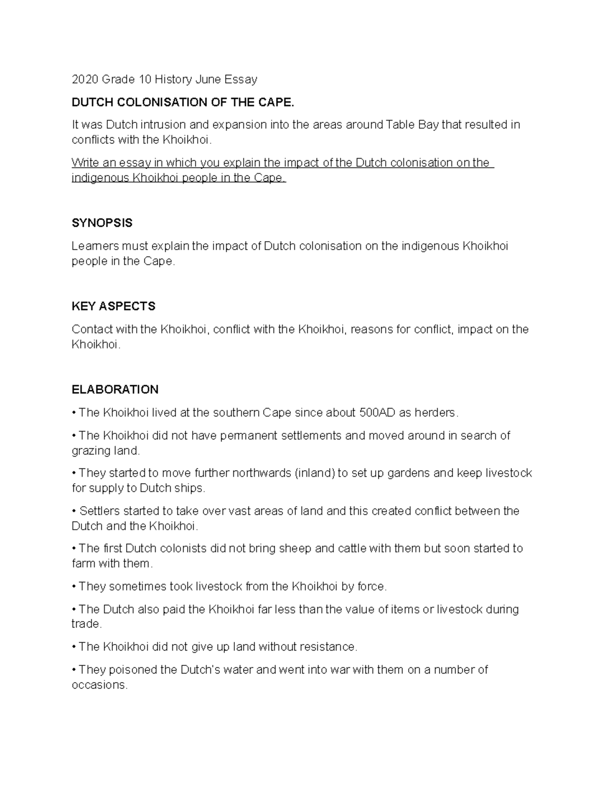 Dutch Colonisation OF THE CAPE Grade 10 History Essay June 2020 Grade 