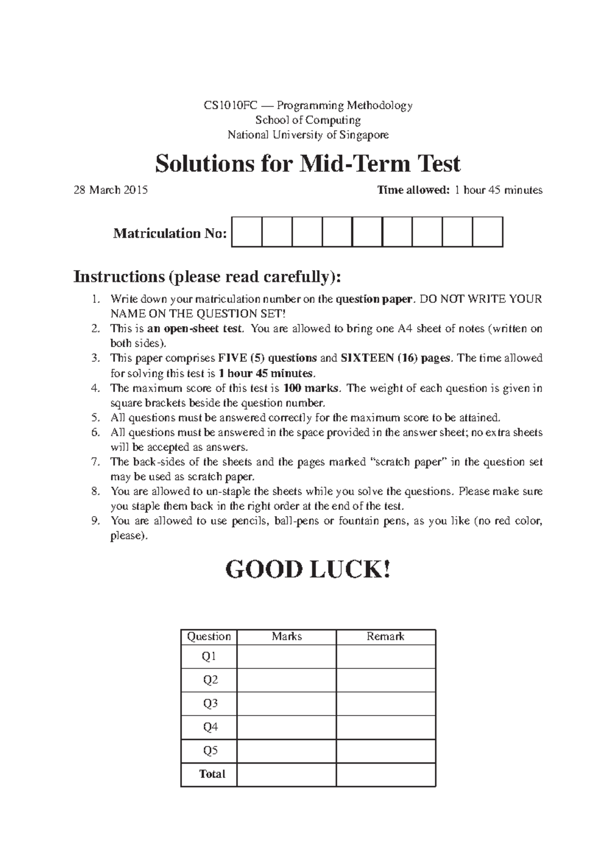 Cs1010fc midterm solutions mar15 - CS1010FC — Programming Methodology School of Computing ...