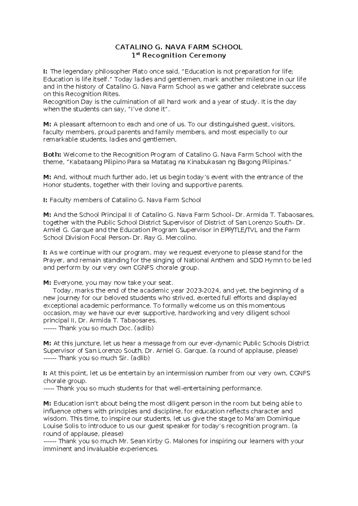 Recognition Script - CATALINO G. NAVA FARM SCHOOL 1 st Recognition ...