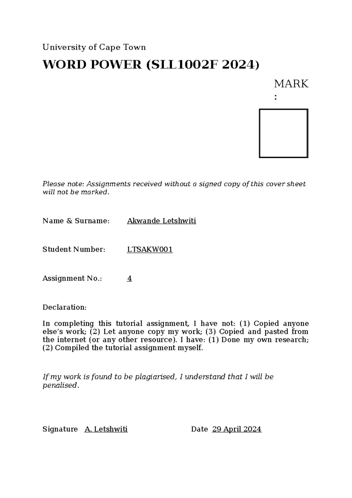 SLL1002F Tutorial Assignment Four - University of Cape Town WORD POWER ...