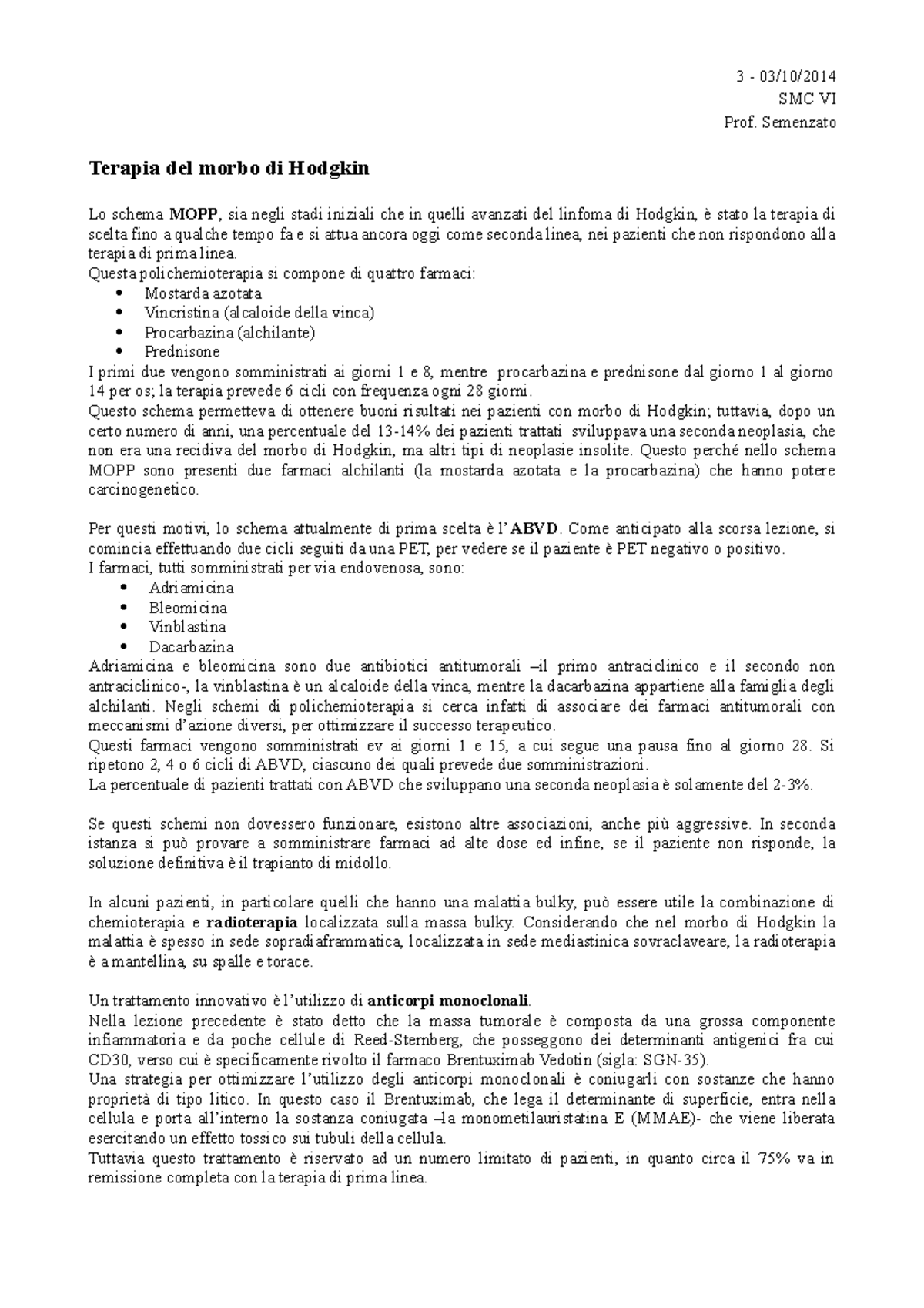 Appunti, lezione 3 - Terapia del linfoma di Hodgkin, linfomi non ...