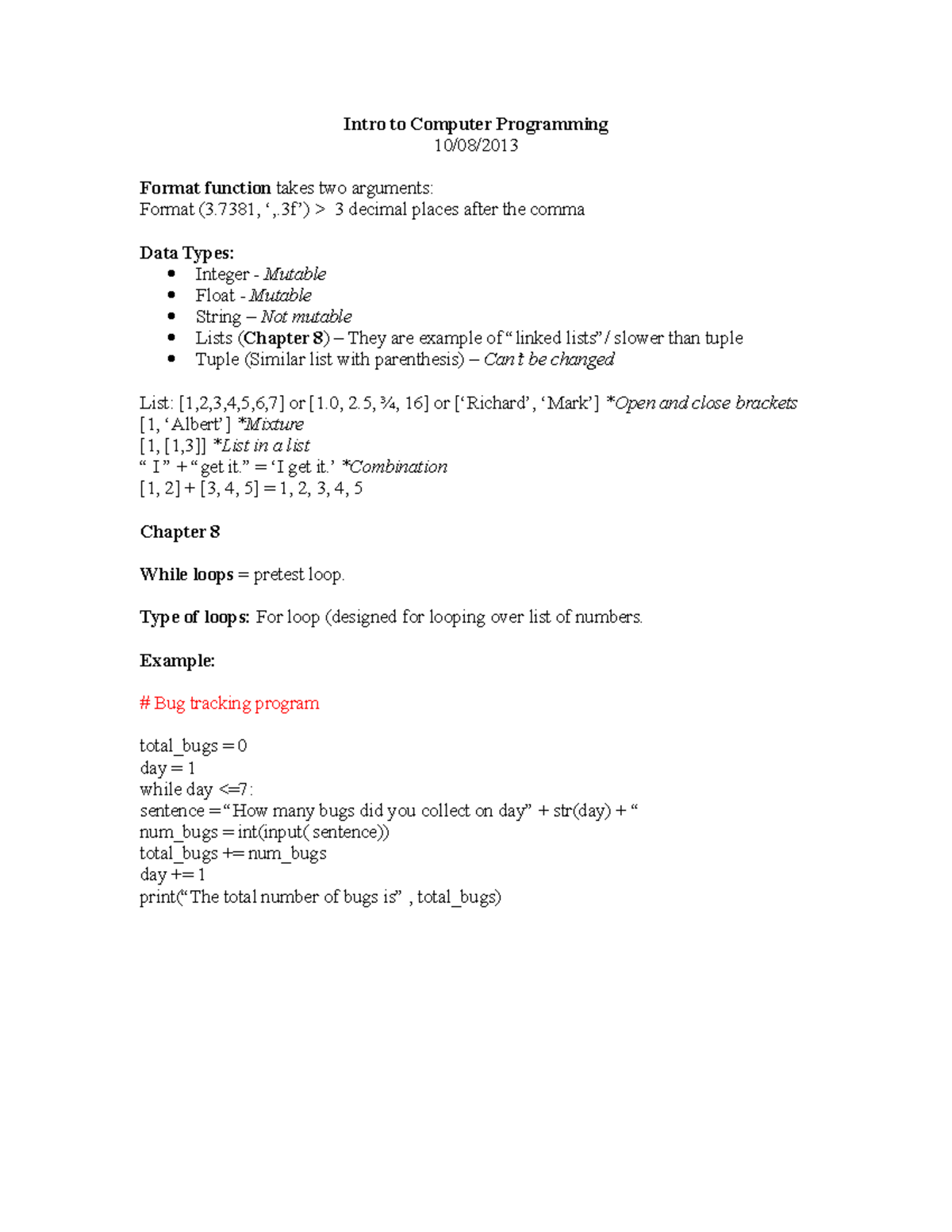 Class Notes #9 (Review for Midterm #1) - Intro to Computer Programming ...