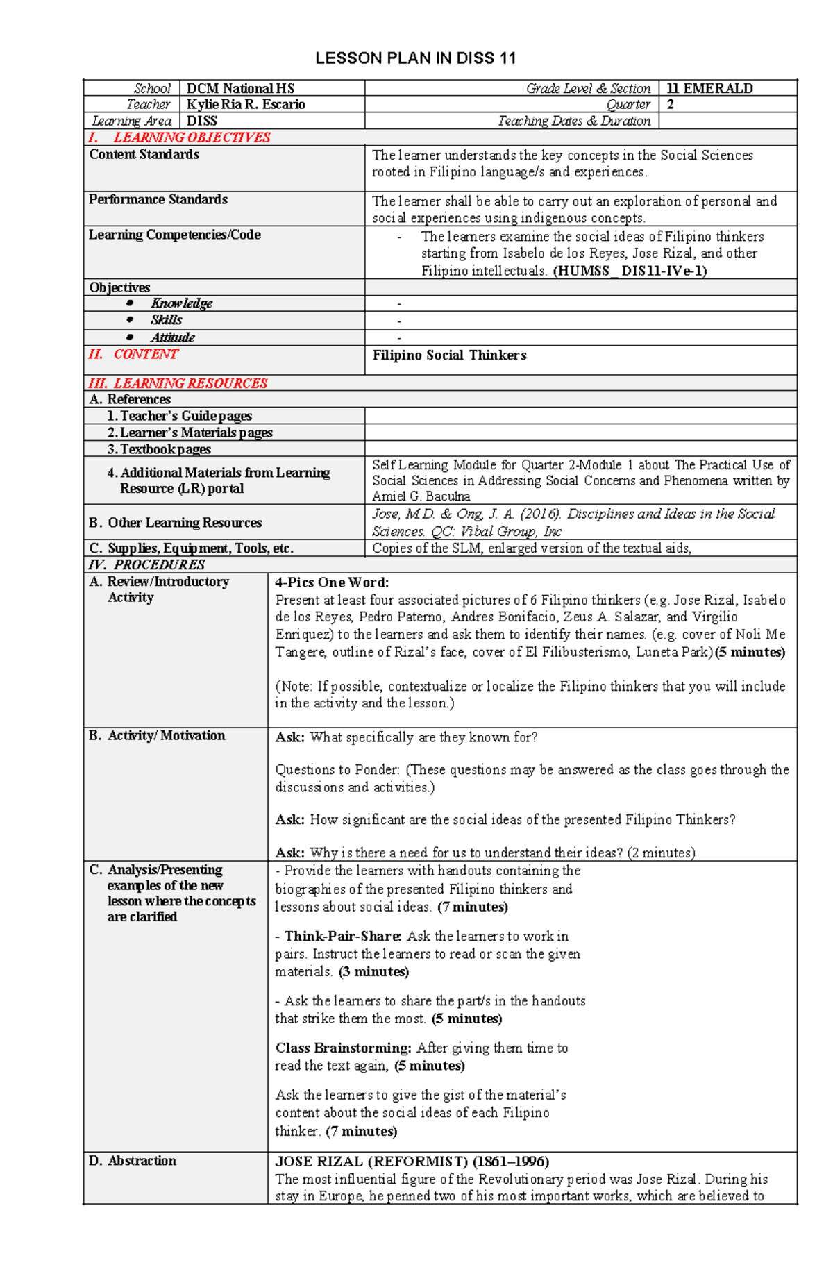 DLP-DISS-Q2-MELC-2-WEEK-2- Lesson 1 - LESSON PLAN IN DISS 11 School DCM ...