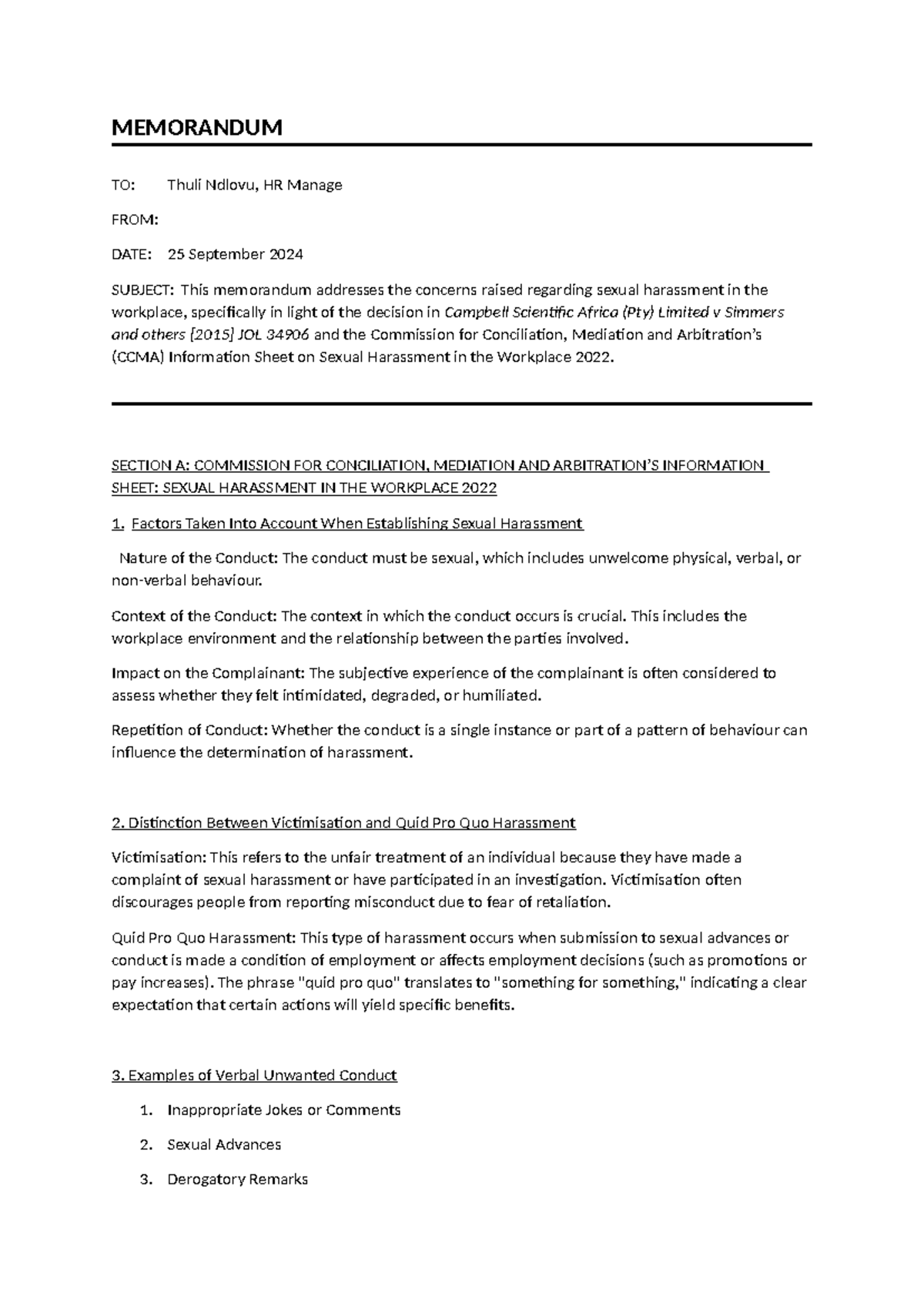 Legal Memorandum Template - MEMORANDUM TO: Thuli Ndlovu, HR Manage FROM ...