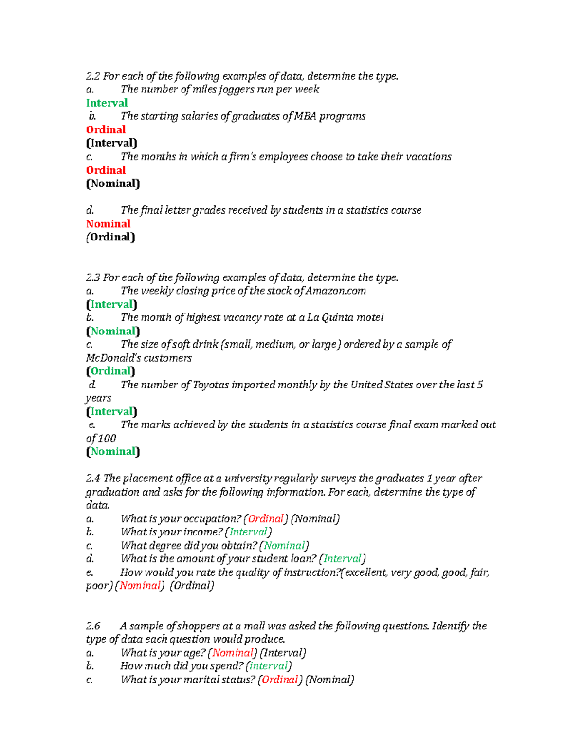 Homework 1 Questions - 2 For each of the following examples of data ...