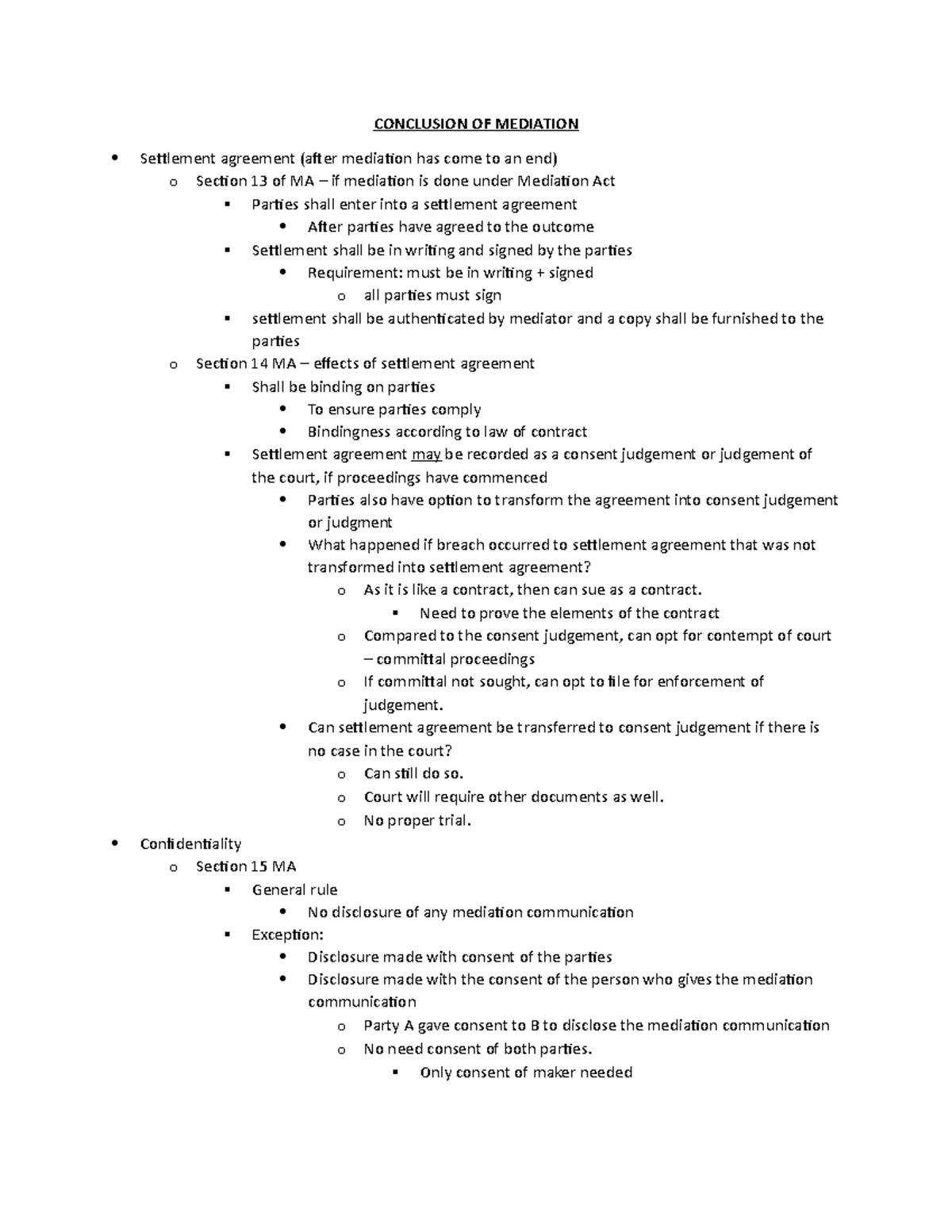 Mediation (Part 3) - CONCLUSION OF MEDIATION Settlement agreement ...