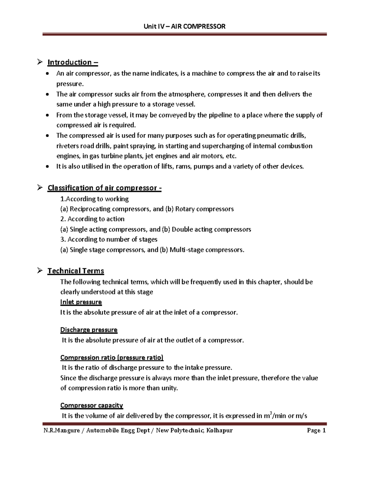AIR Compressor - Lecturer note - Introduction – An air compressor, as ...