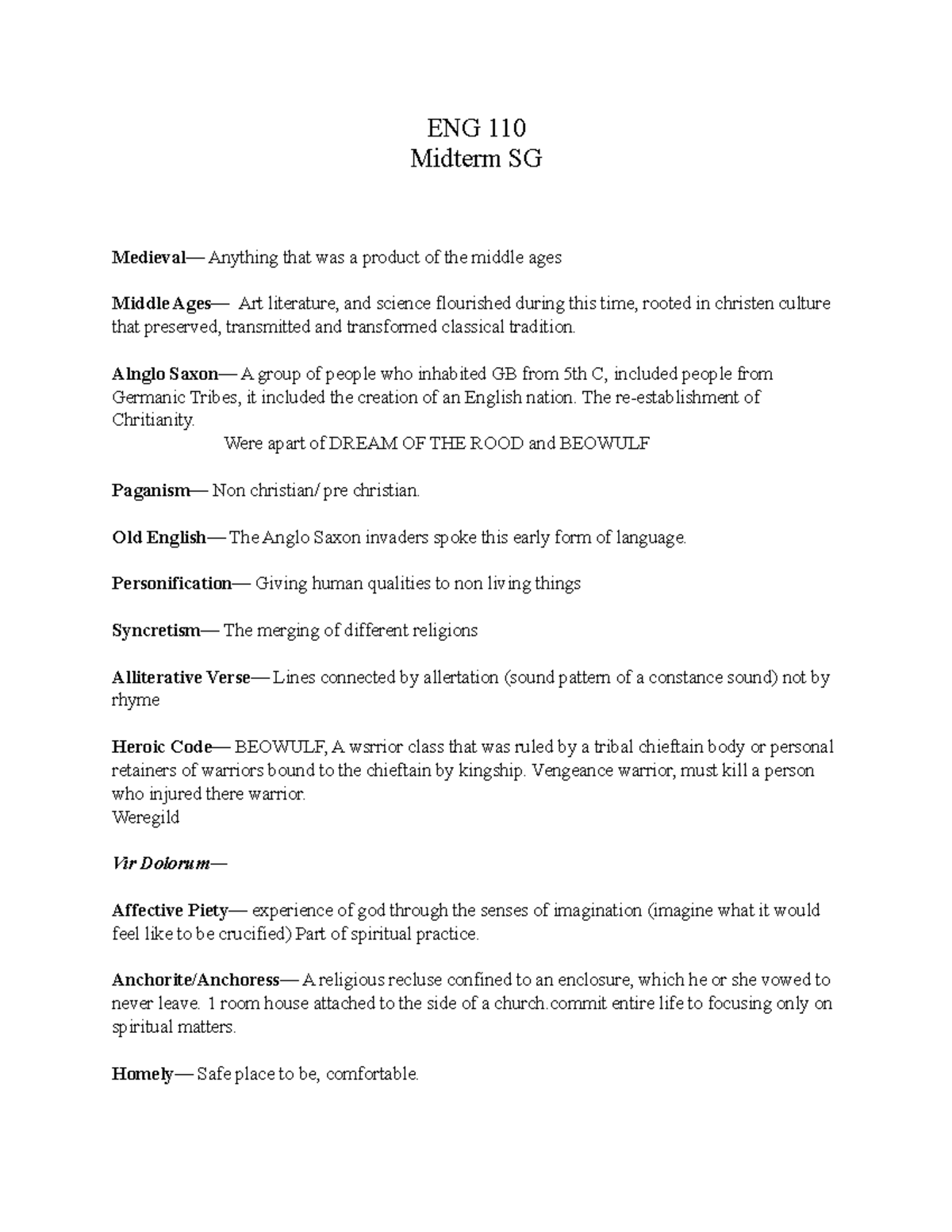 ENG 110 Midterm Review - Lecture notes 4-13 - ENG 110 Midterm SG ...