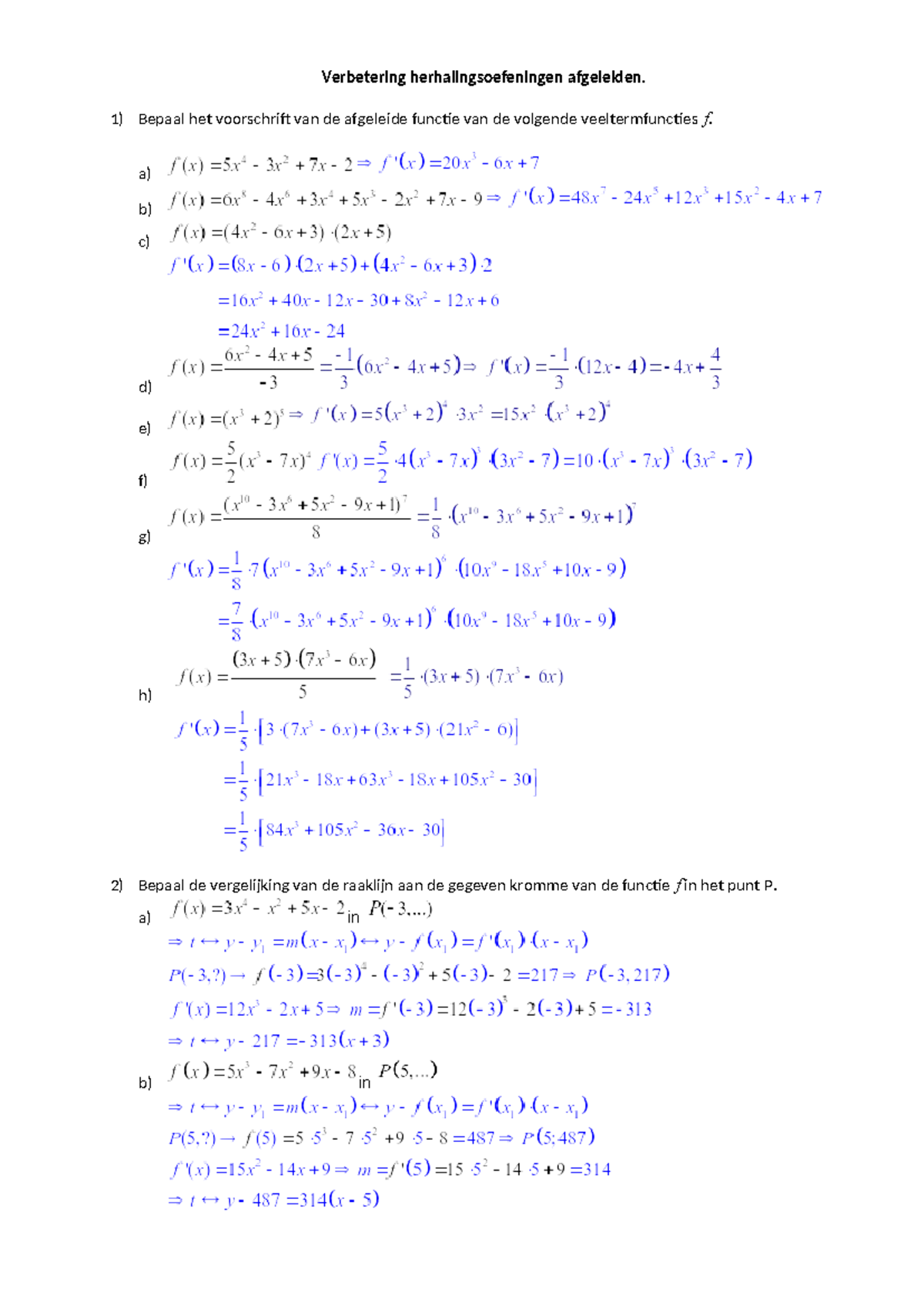 Extra oefeningen rekenregels afgeleiden oplossing - Verbetering ...