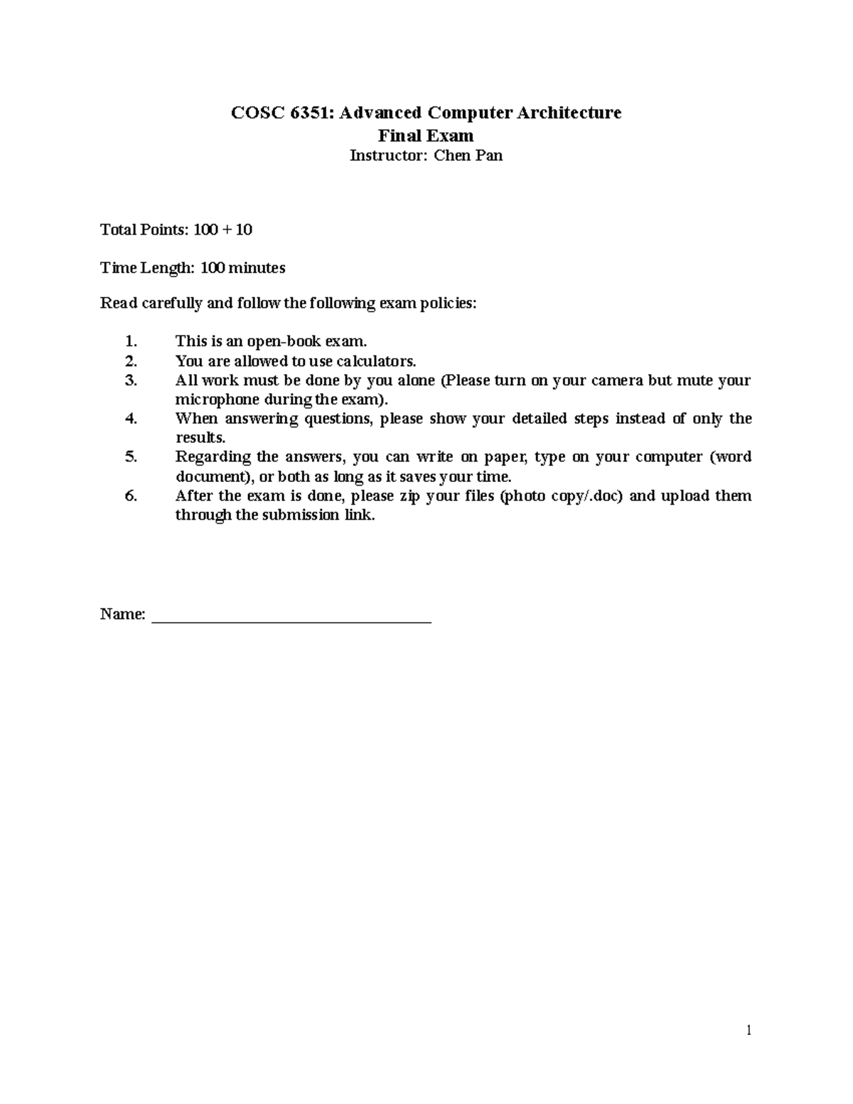 COSC 6351 Final Exam - Fall-2021 - COSC 6351: Advanced Computer Architecture Final Exam ...