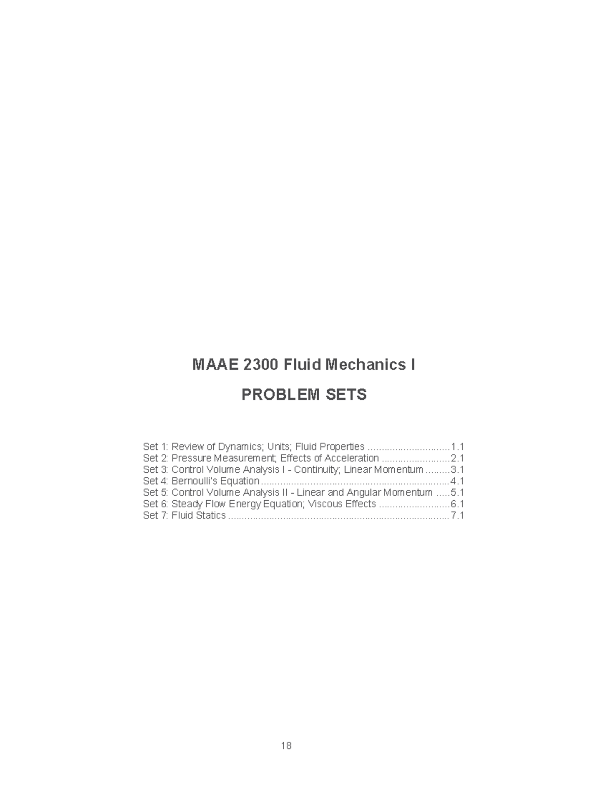 Problem Sets - MAAE 2300 Fluid Mechanics I Set 1: Review of Dynamics ...